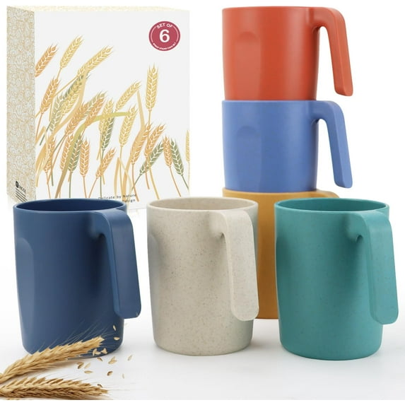 16oz Wheat Straw Cups with handles set of 6-Plastic Cups Reusable ...