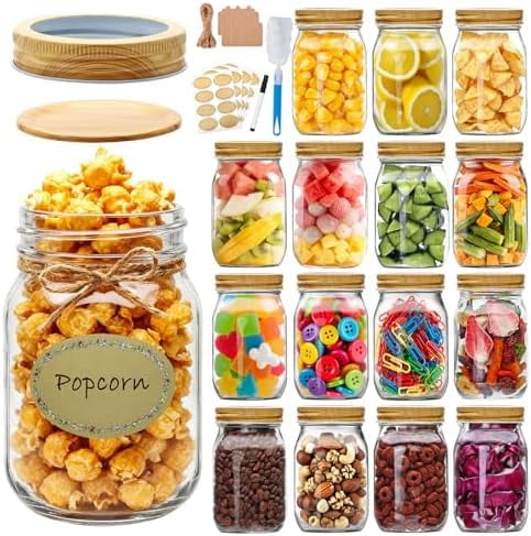 16pack Mason Jars 16oz with Airtight Woodgrain Lids and Bands, Pint ...