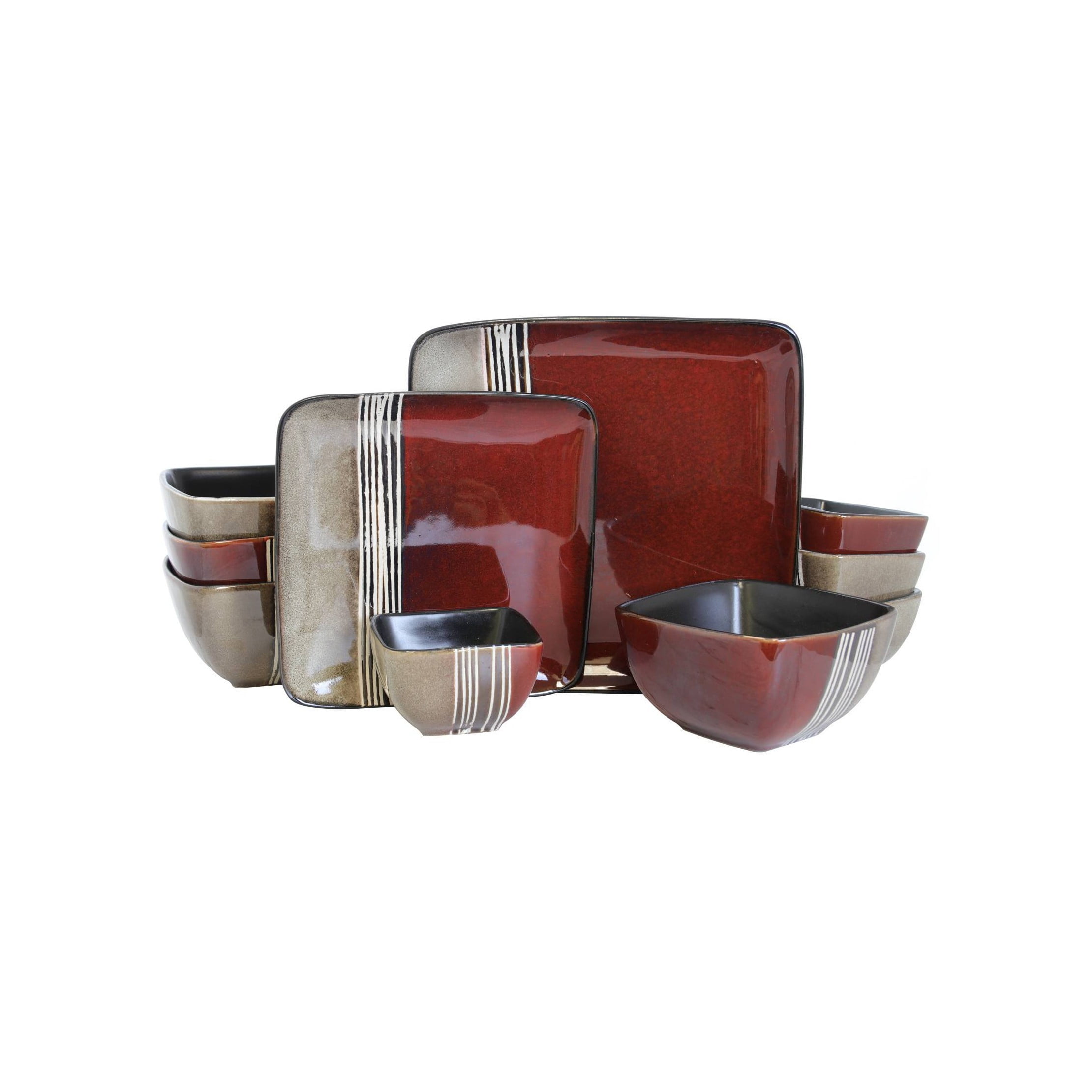 16pc Stoneware Double Color Square Dinnerware Set Red/Tan: Microwave ...