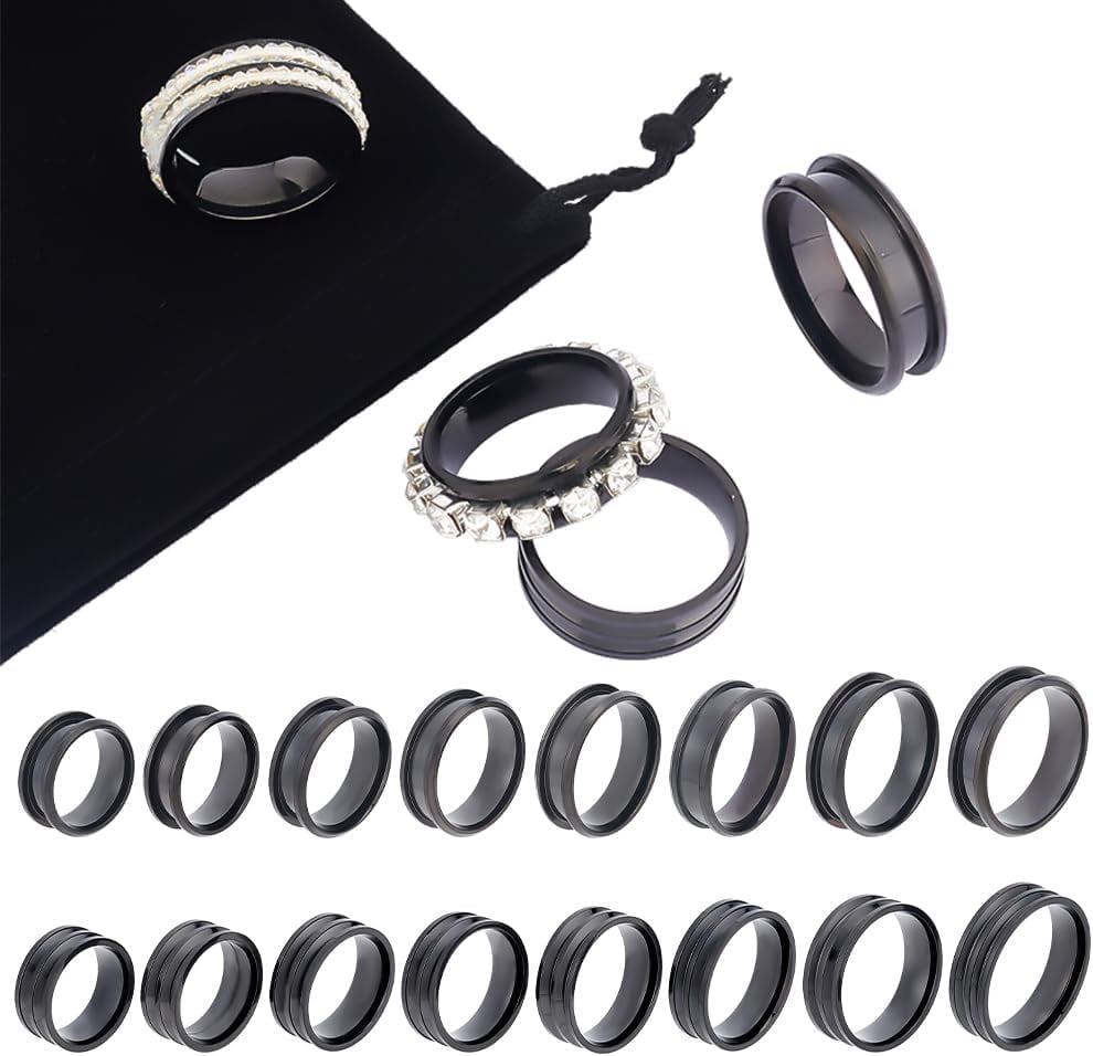 16pcs 2 Styles Blank Core Ring 8 Sizes Black Stainless Steel Single and ...