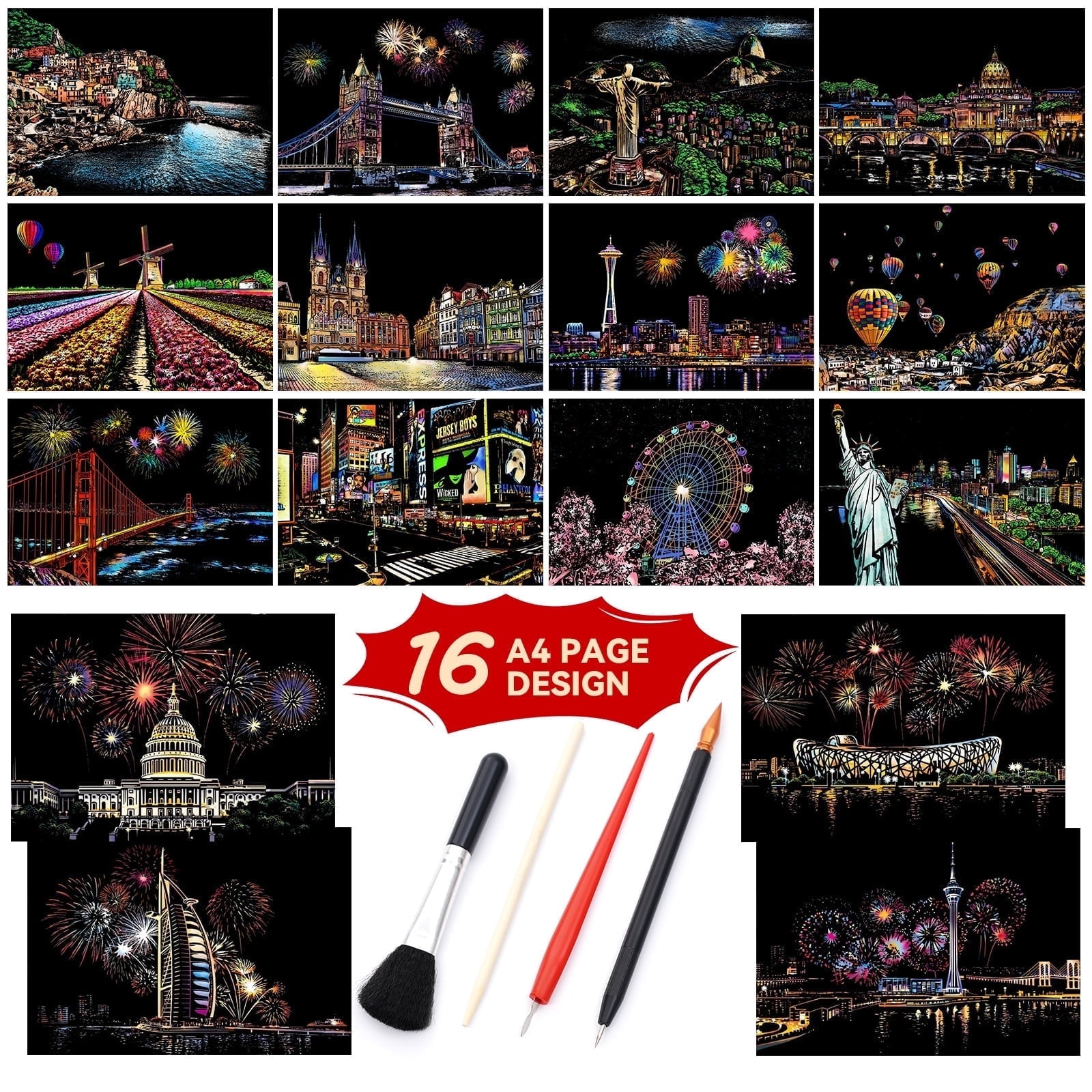 Bshapplus Scratch Art Set with 16 A4 Rainbow Scratch Sheets and Tools ...