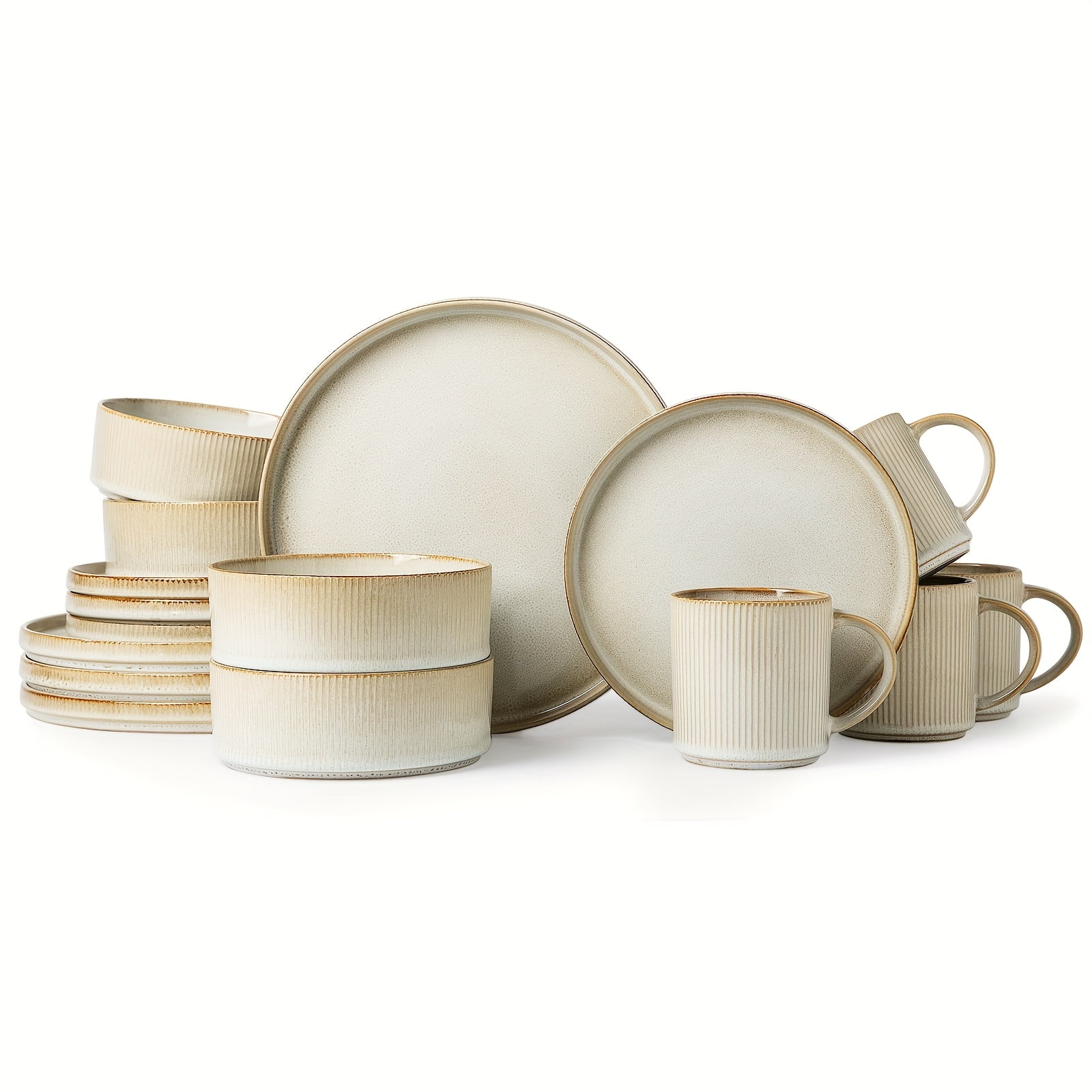 16pcs Beige Striped Stoneware Dinnerware Set: European Classical ...