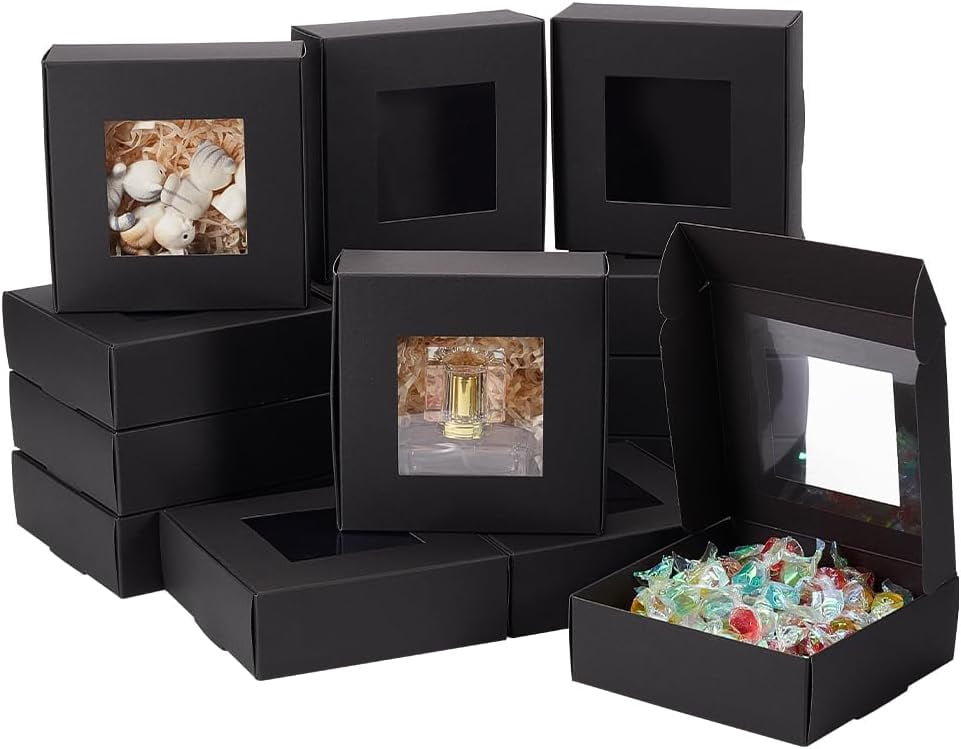 16pcs Black Mini Paper Boxes PVC Window Gift Boxes Square Present Boxes ...