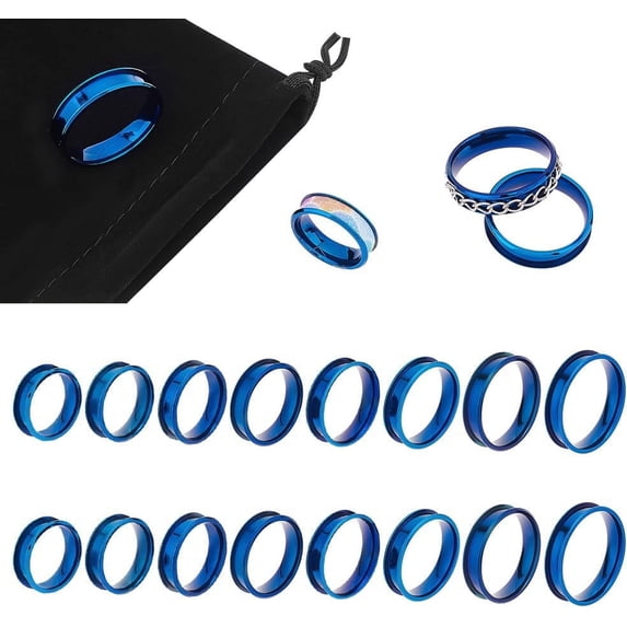 16pcs Blue Blank Core Ring 8 Sizes Stainless Steel Grooved Ring Round ...