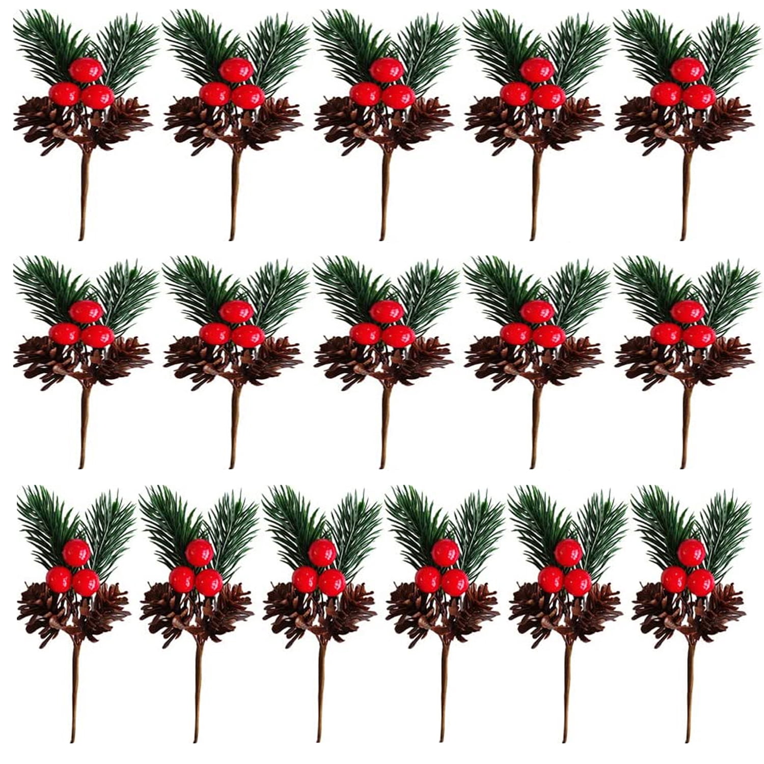 16pcs Christmas Tree Sprays, Red Berry Stems, Artificial Pine Cones ...