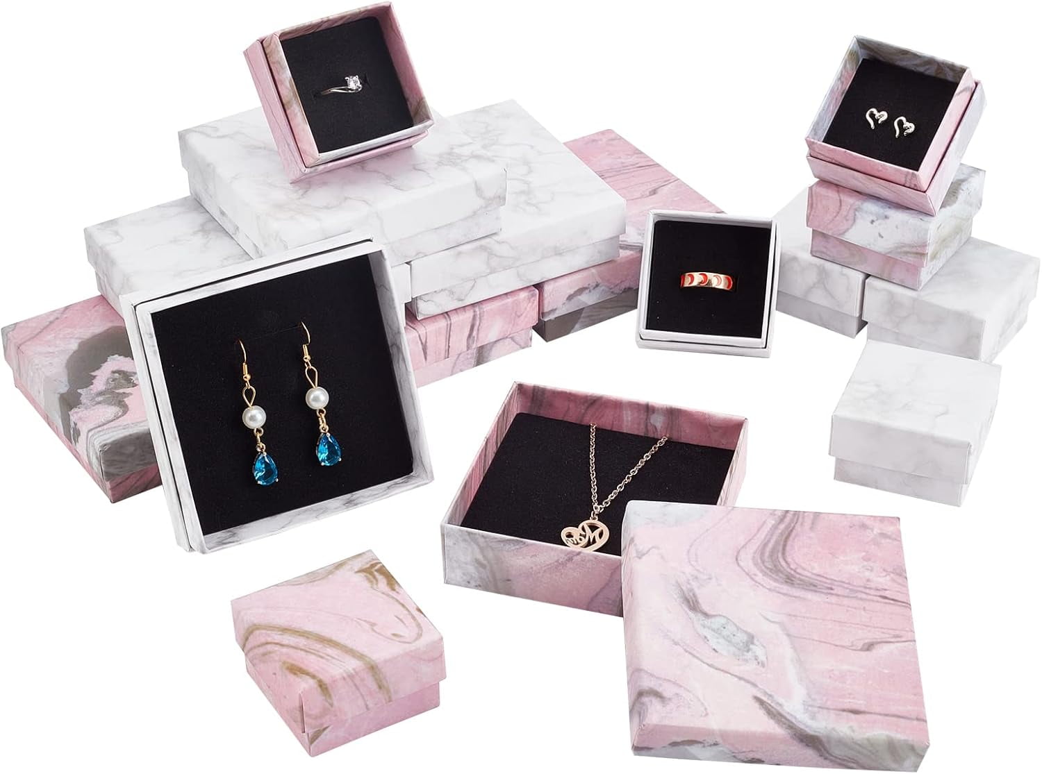 16pcs Marble Paper Cardboard Jewelry Box 3.5" 2" Square White Gift ...
