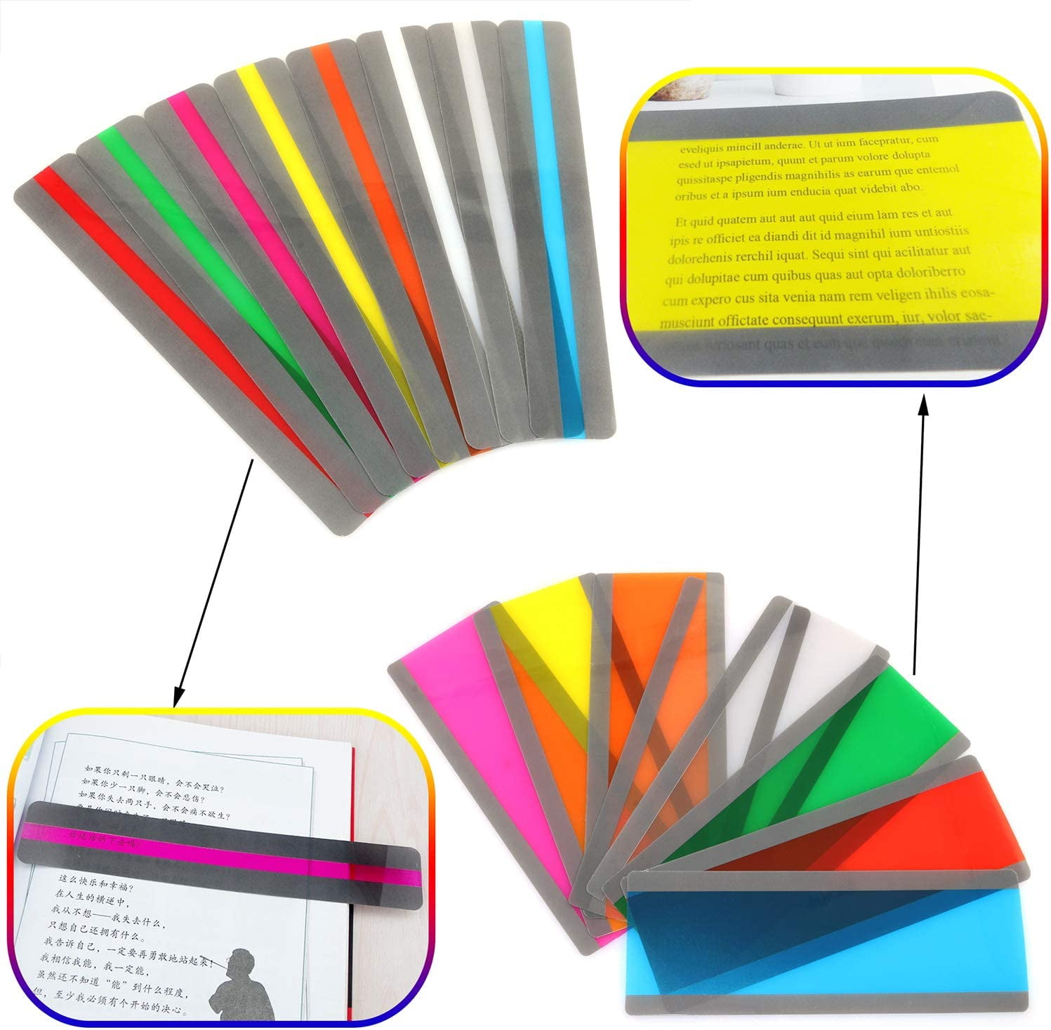 16pcs Multi-Colored Guided Reading Strips Colored Overlays Highlighter ...