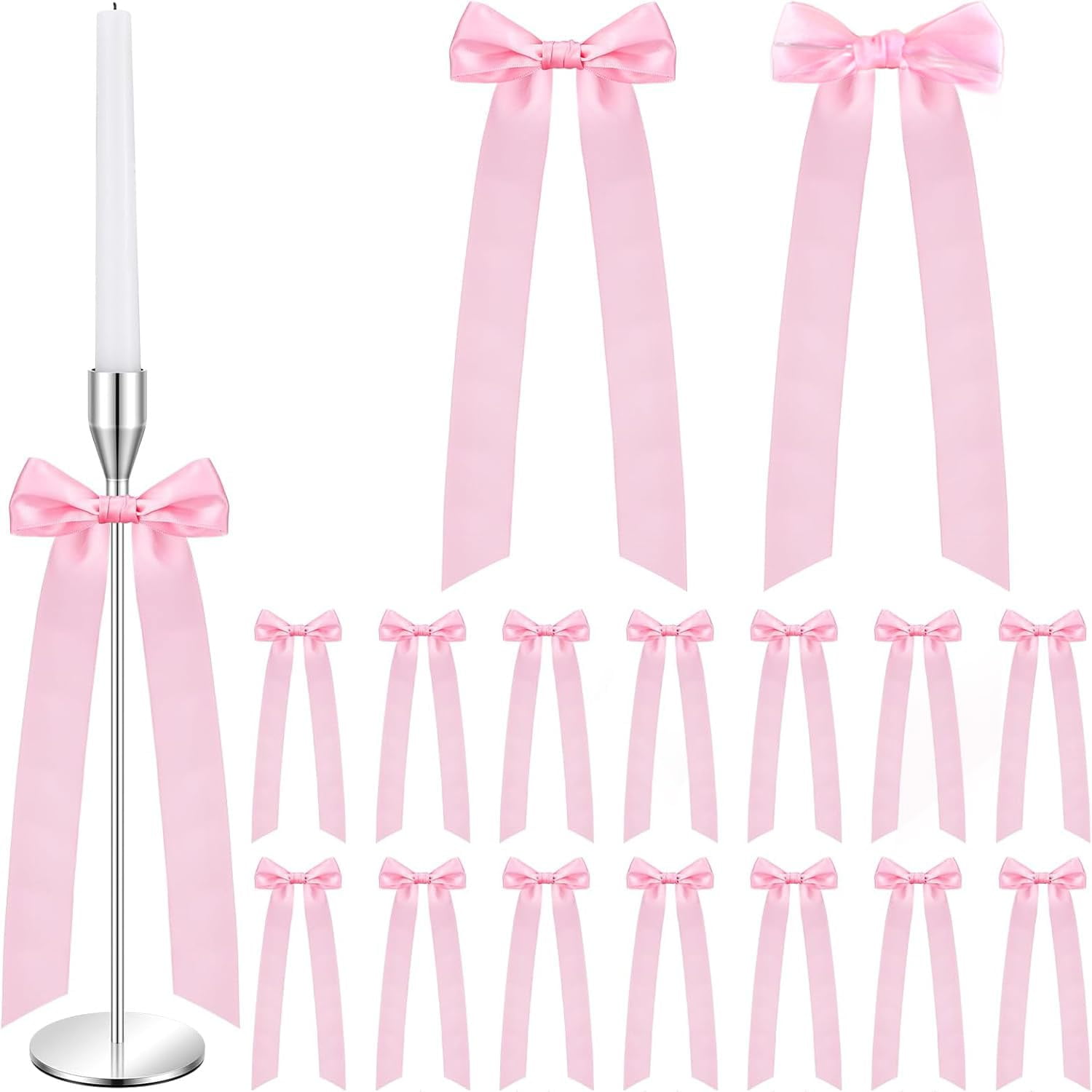 16pcs Pink Candlestick Bows Decor Pink Ribbon Bows Set - 13 Inch ...