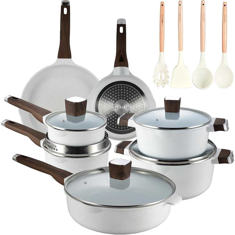 16pcs Pots and Pans Set, Nonstick White Granite Set, Cookware Sets ...