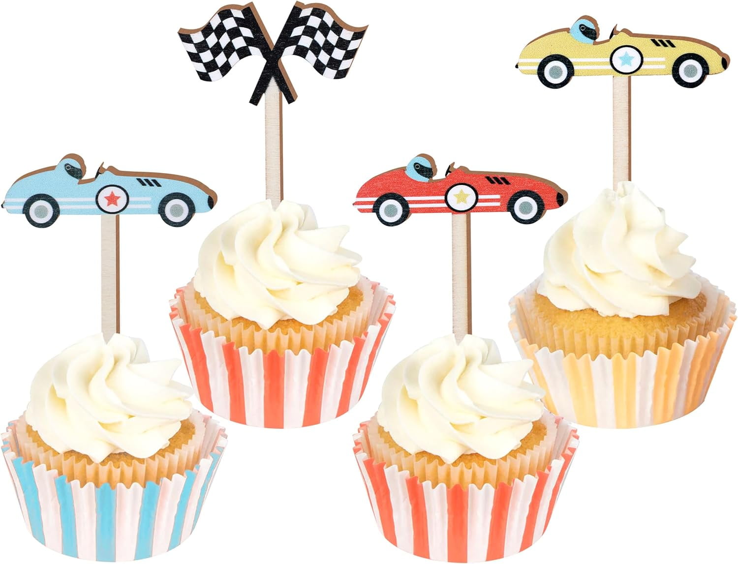 16pcs Race Car Wooden Cupcake Toppers, Racing Flag Cupcake Picks Cake ...