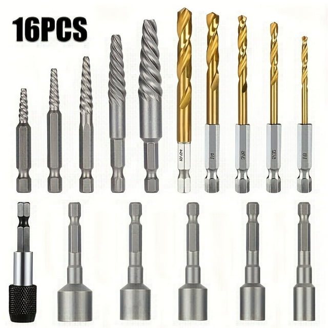 16pcs Screw Extractor, Spiral Bolt Extractor Kit, Easy Out Left Hand Drill Bit Set, HSS Steel ...