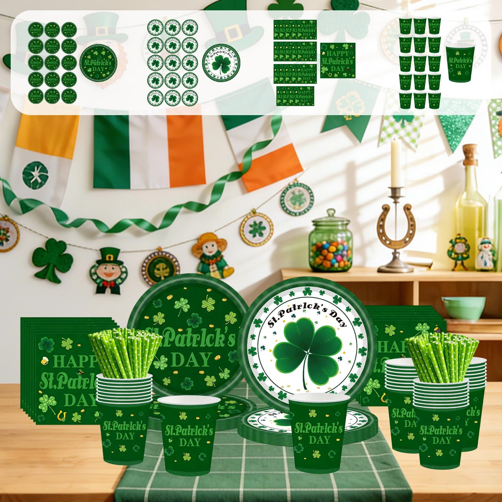 16pcs St. Patrick's Day Disposable Tableware Set - Green Shamrock ...