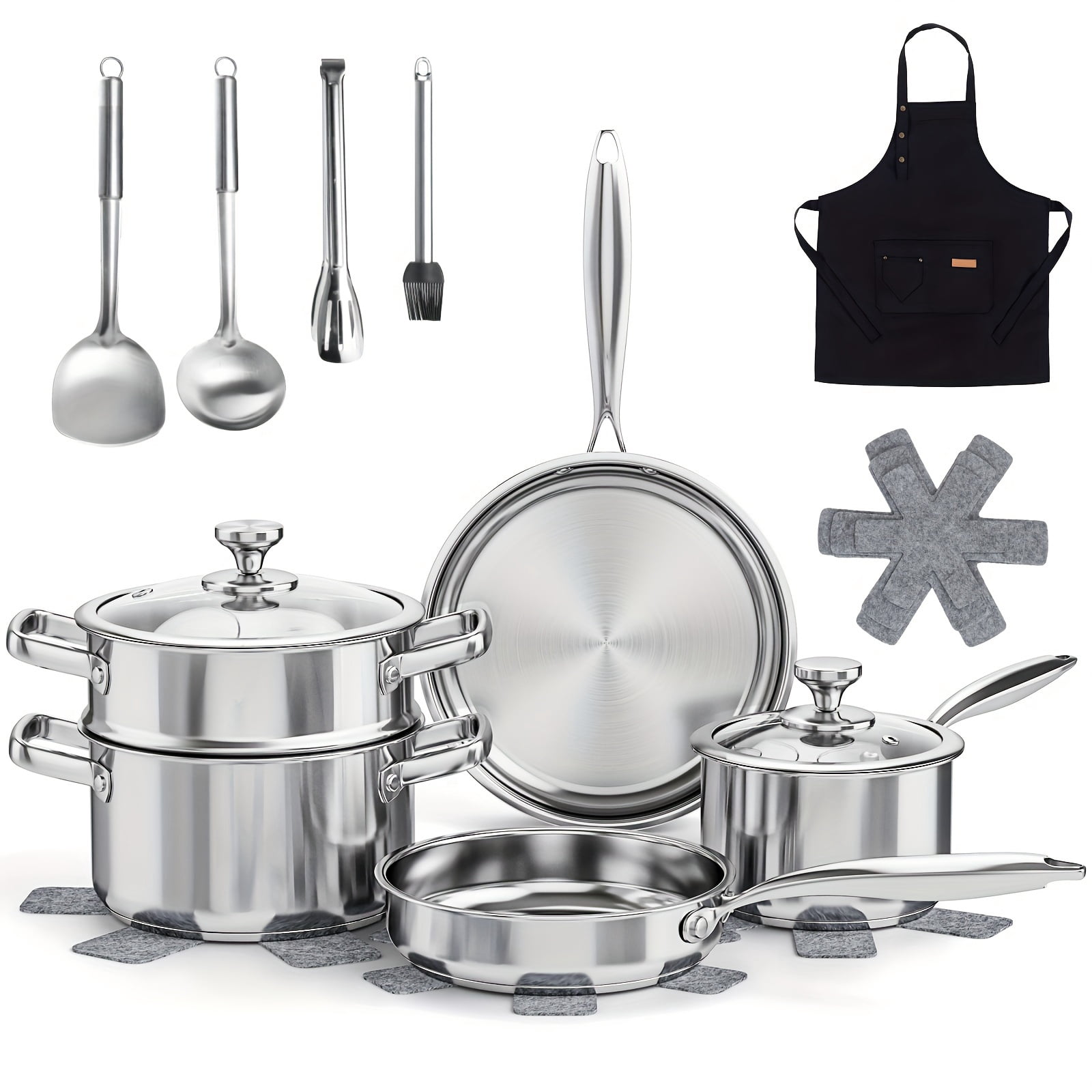 16pcs Stainless Steel Cookware Set - Pots & Pans with Steamer, Glass ...