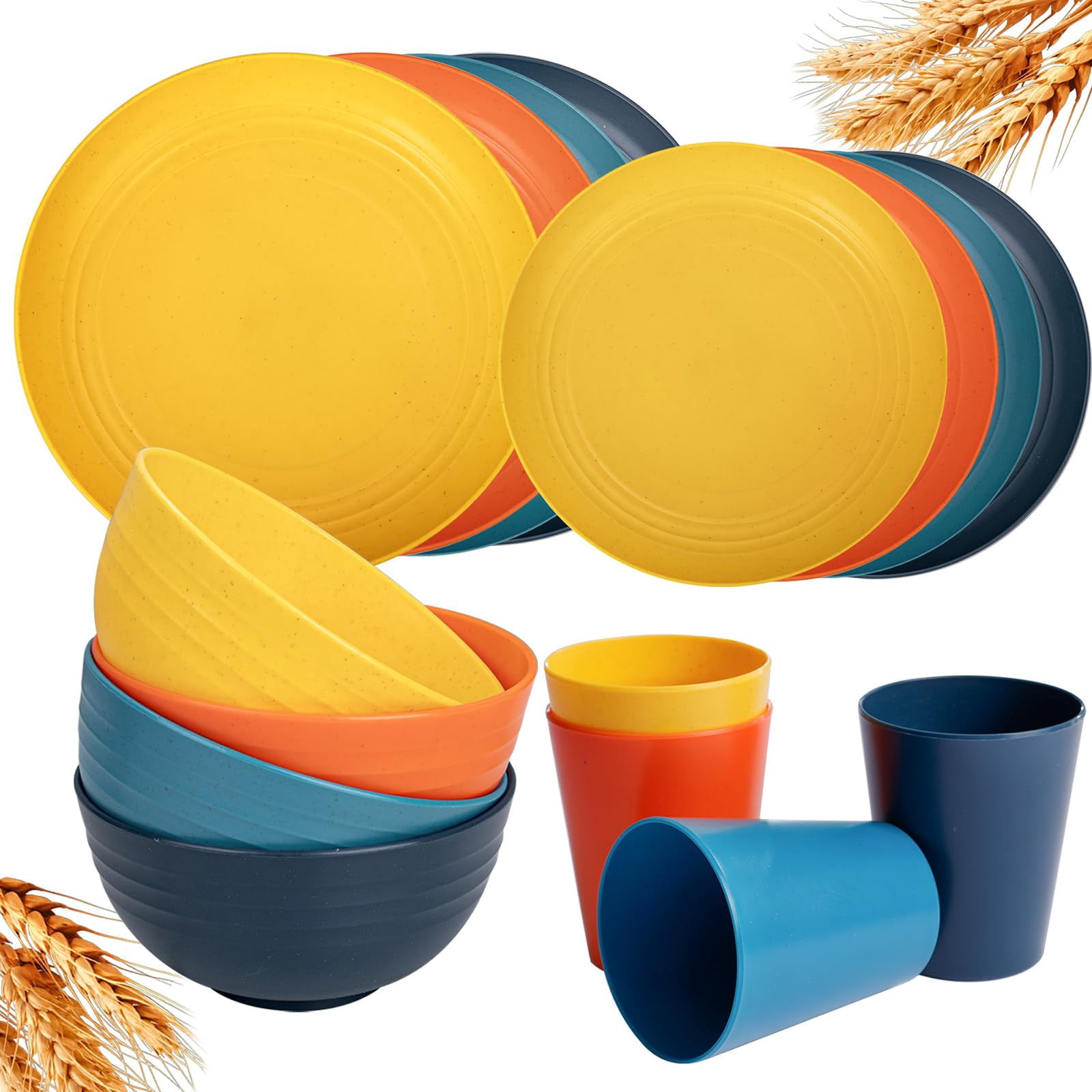 16pcs Wheat Straw Dinnerware Set, Unbreakable Plates And Bowls Sets of ...