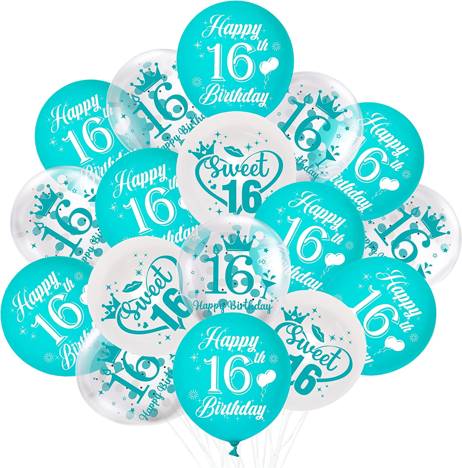 16th Birthday Balloons, Pack of 45 Turquoise Sweet Sixteen Latex ...