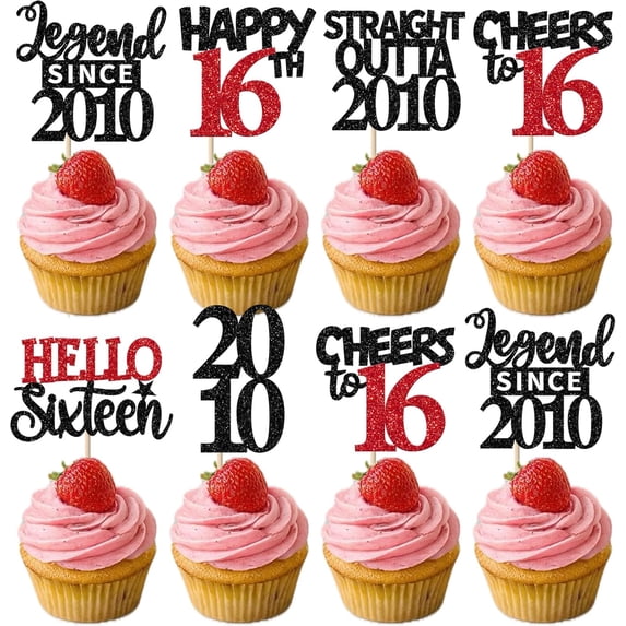 16th Birthday Cupcake Toppers, 12PCS Black Red Glitter Hello Sixteen ...
