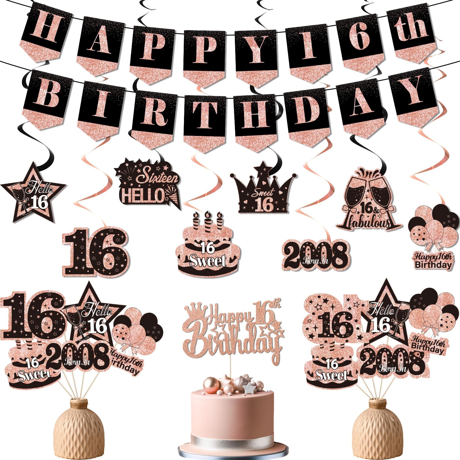 16th Decorations for AIF4 Girls Rose Gold Black Party Decor Happy 16th ...