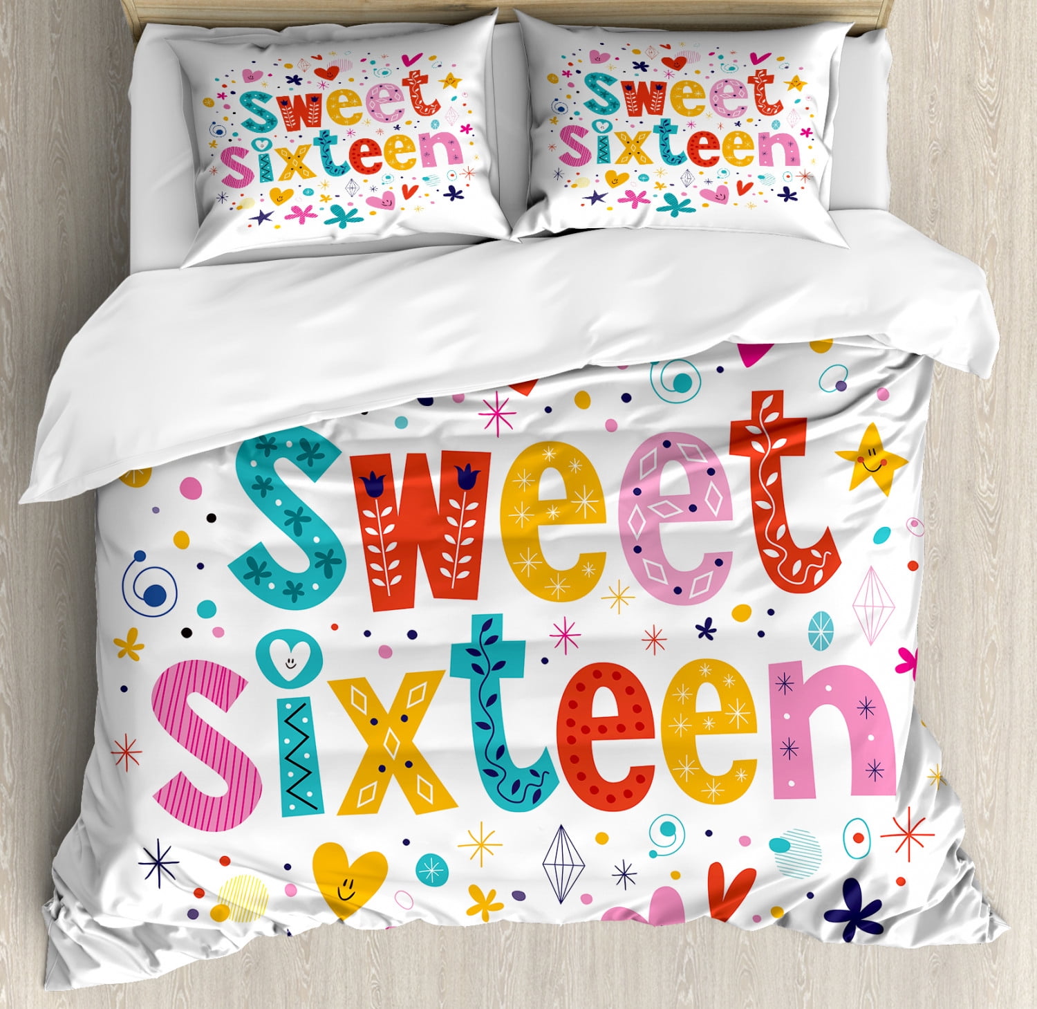 16th Birthday Duvet Cover Set Queen Size, Hand Drawn Style Cute and ...