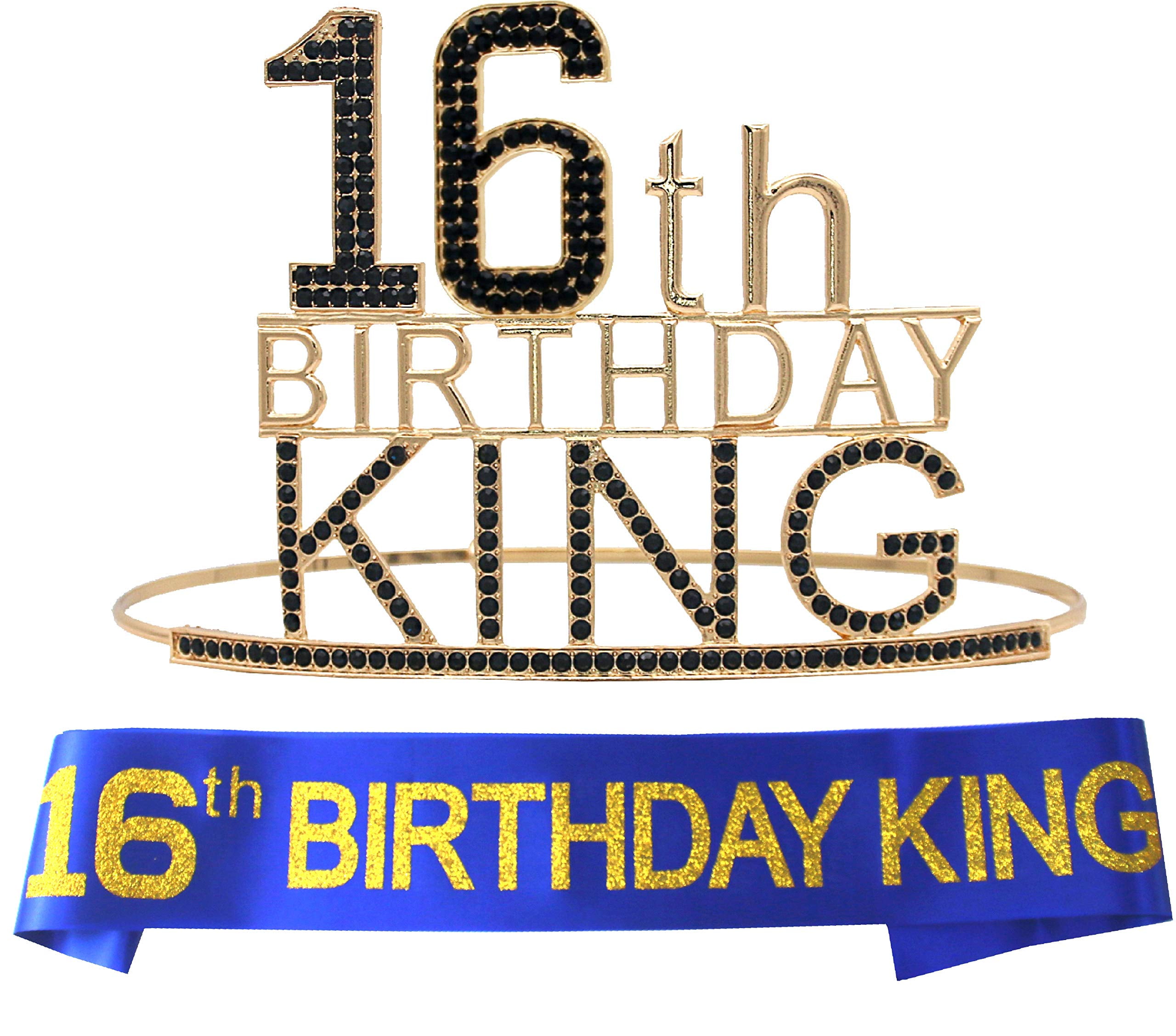 16th Birthday King Crown & Sash Set - Majesty Gold & Black Metal Crown ...