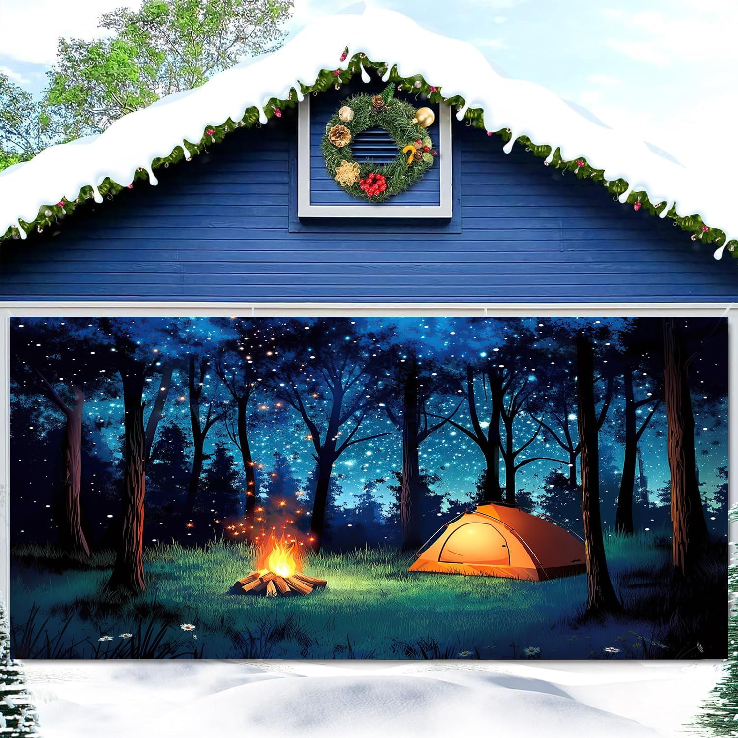 16x 7ftForest Night Scene Camping Garage Door Decoration Background ...