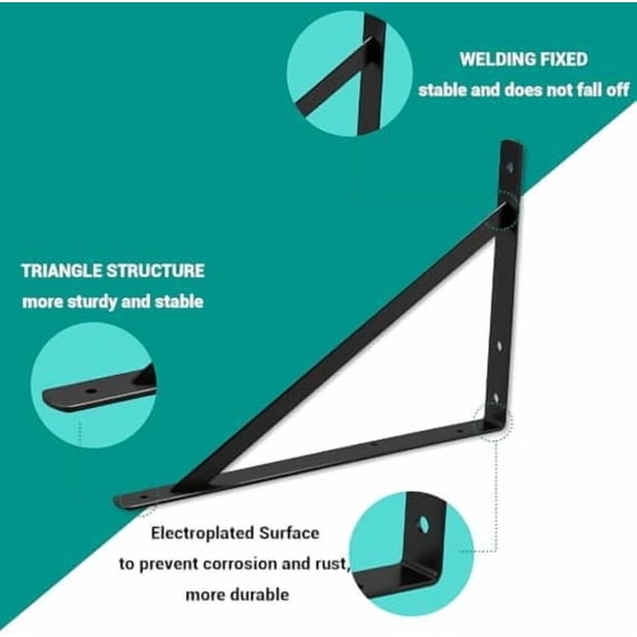 16x10 inch Heavy Duty Shelf Brackets, Black Metal Wall Mounted Supports ...