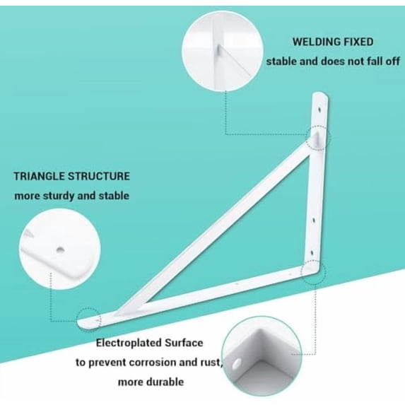 16x10 inch Heavy Duty Shelf Brackets, White Metal Wall Mounted Supports ...