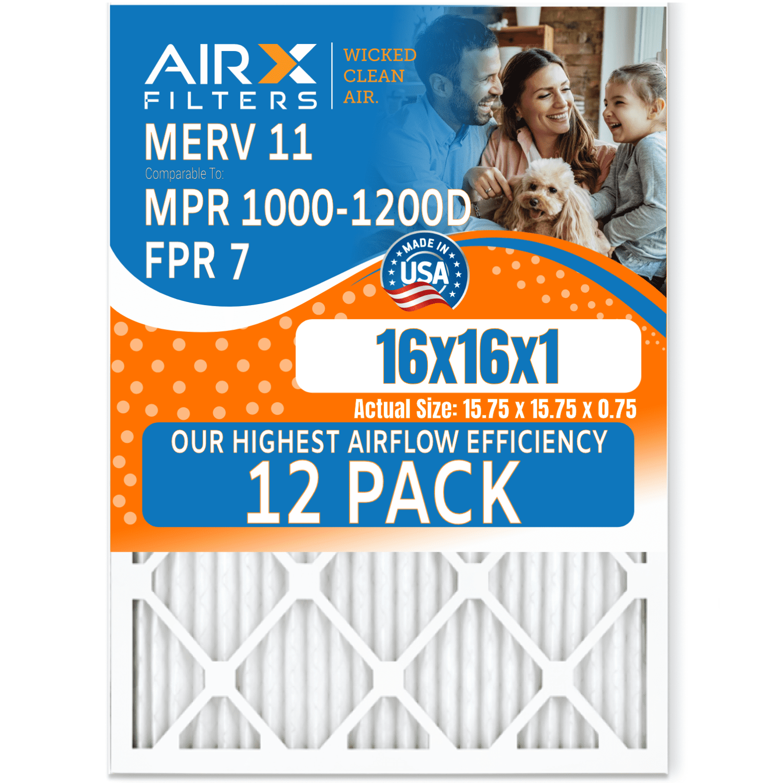 16x16x1 Air Filter MERV 11 Rating, 12 Pack of Furnace Filters ...