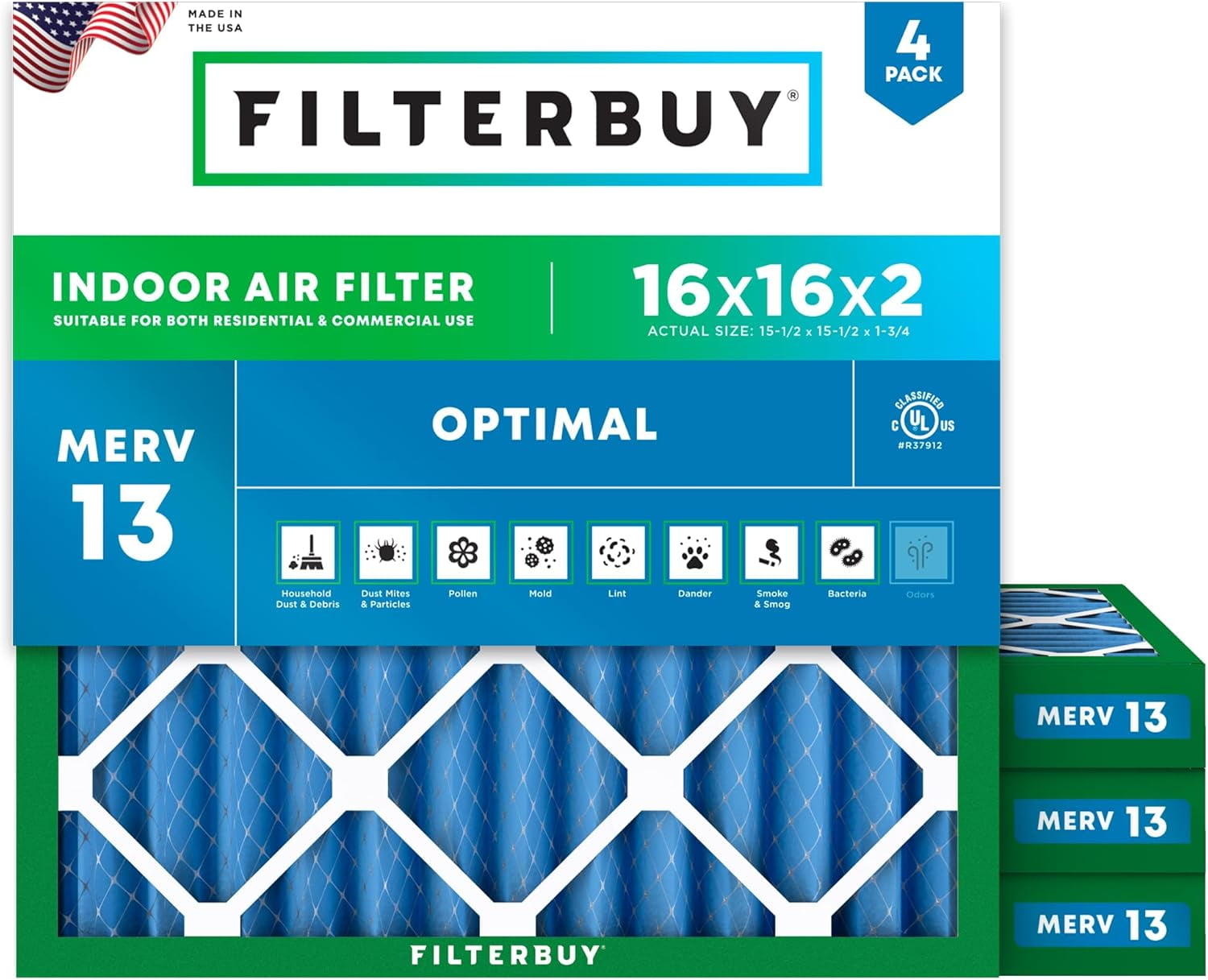 16x16x2 Air Filter MERV 13 Optimal Defense (4-Pack), Pleated HVAC AC ...