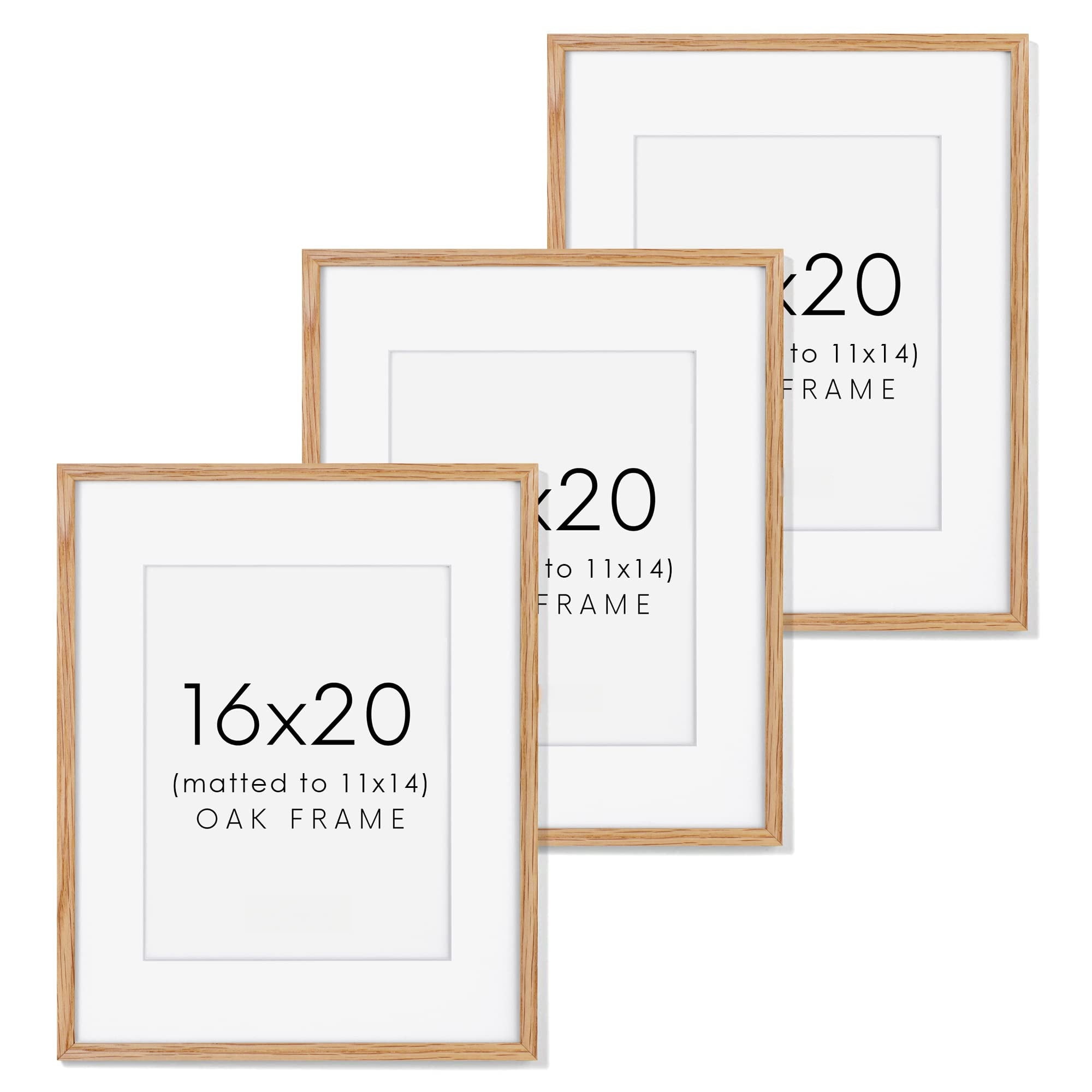 16x20 Oak Wood Picture Frame Set of 3 with Real Glass & Mat, Wall Display for 11x14 Picture ...
