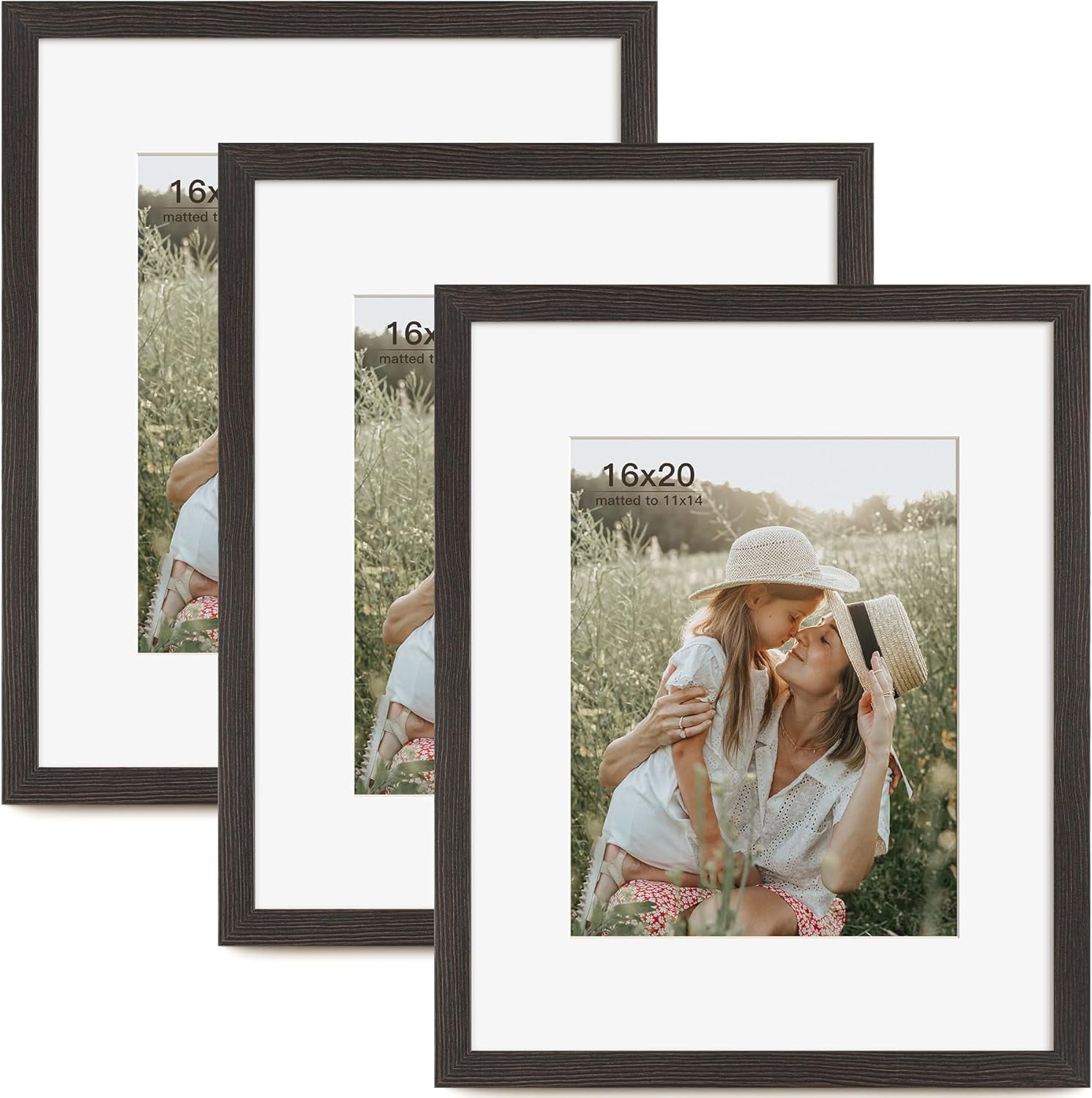 16x20 Picture Frame with Mat for 11x14 Set of 3, Distressed Black Wood ...
