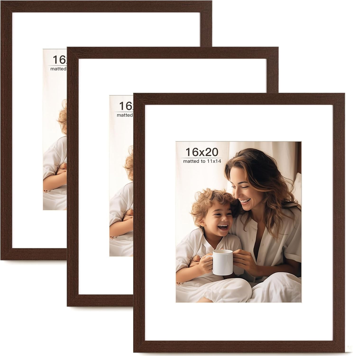 16x20 Picture Frame with Mat for 11x14 Set of 3, Drak Brown Wood Grain ...