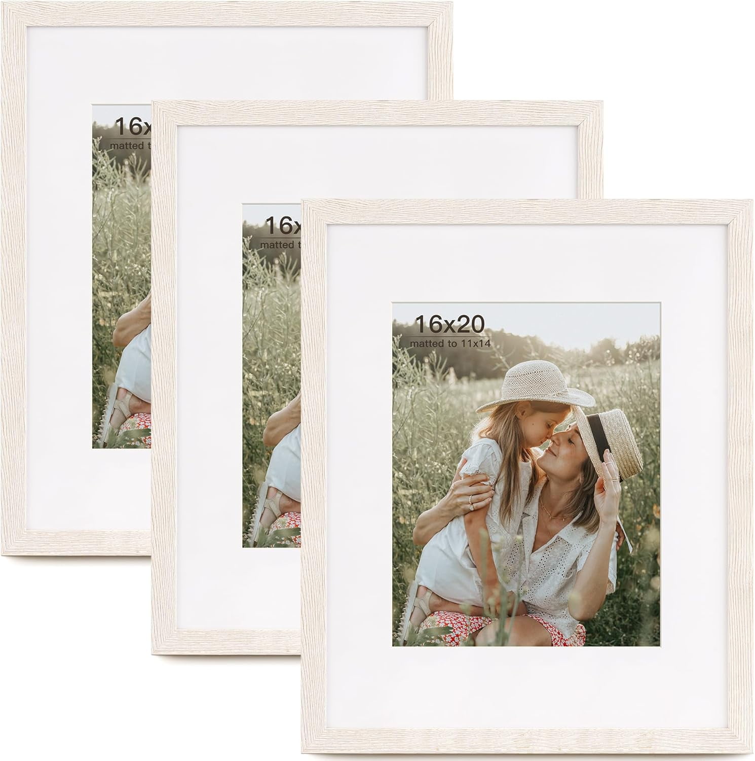 16x20 Picture Frame with Mat for 11x14 Set of 3, Rustic White Wood ...
