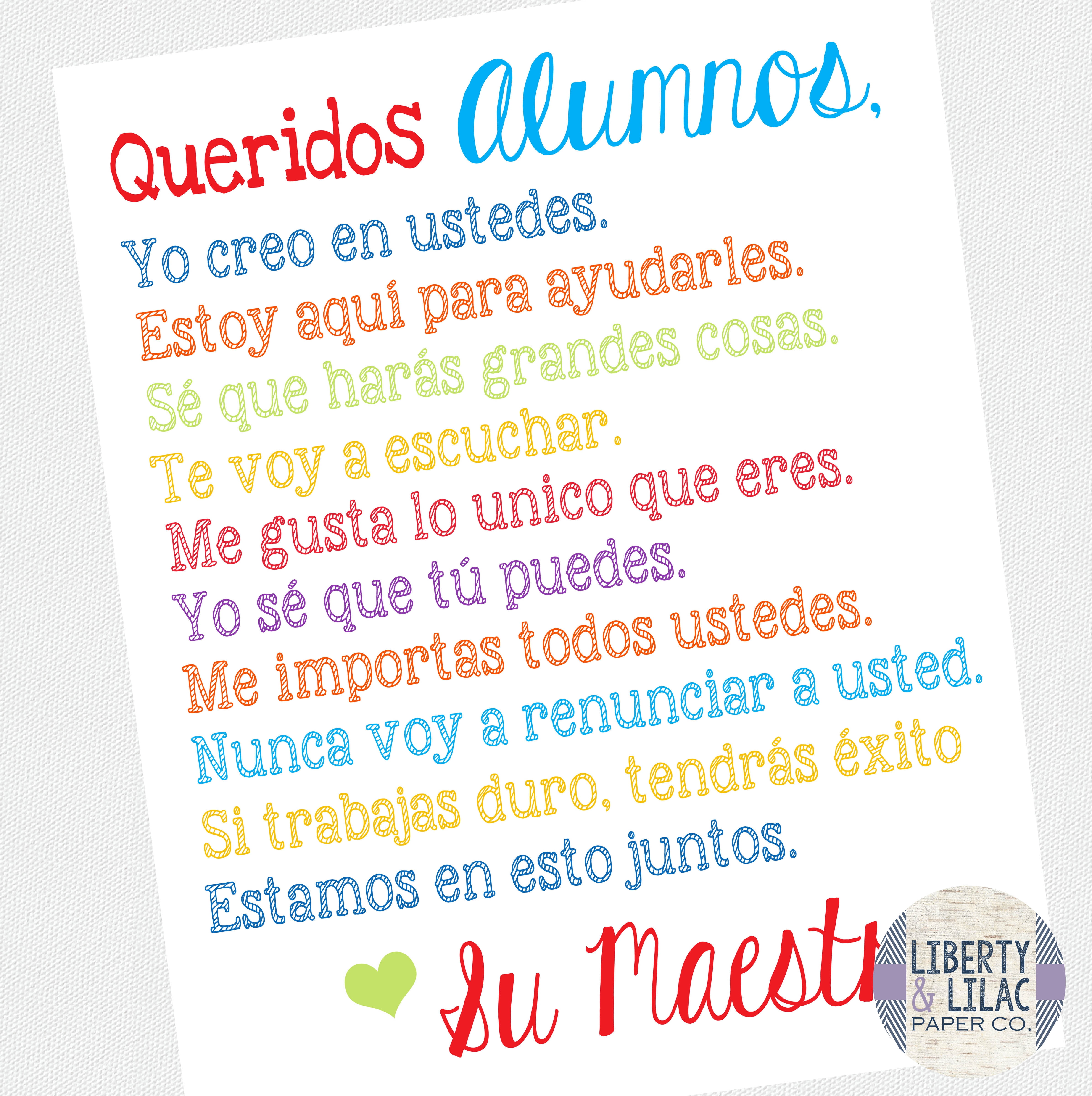 16x20" Spanish Poster Dear Students… Queridos Alumnos… Spanish ...
