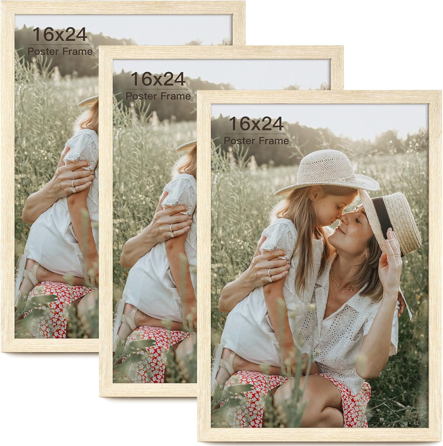 16x24 Frame Set of 3, Natural Wood Grain 16x24 Poster Frame for Gallery ...