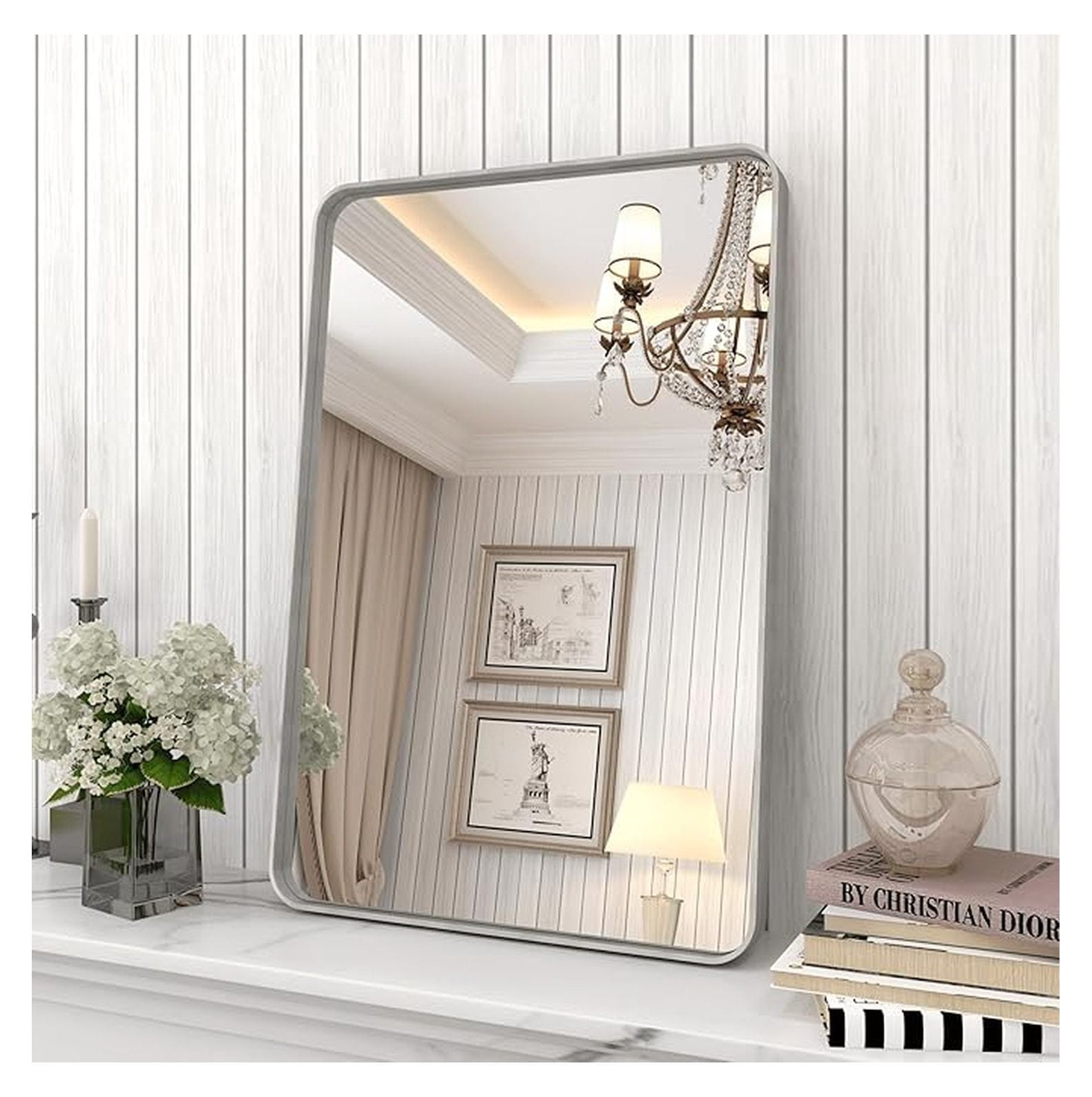 16x24 Inch Brushed Bathroom Mirror, Rounded Rectangle Silver Metal ...