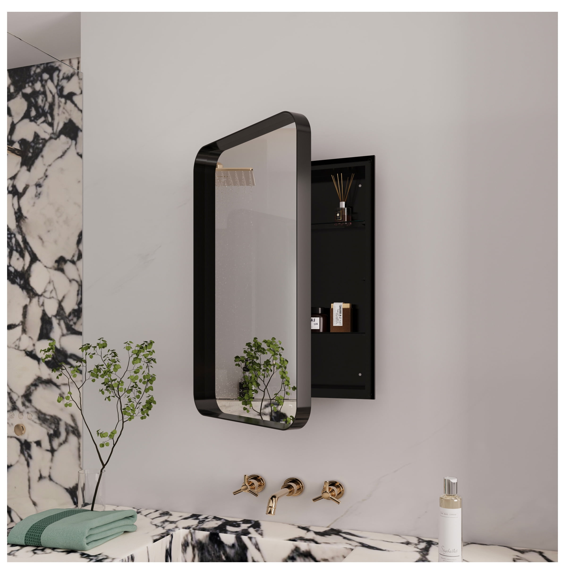 16x24 Inch Recessed Black Metal Framed Medicine Cabinet with Mirror and ...