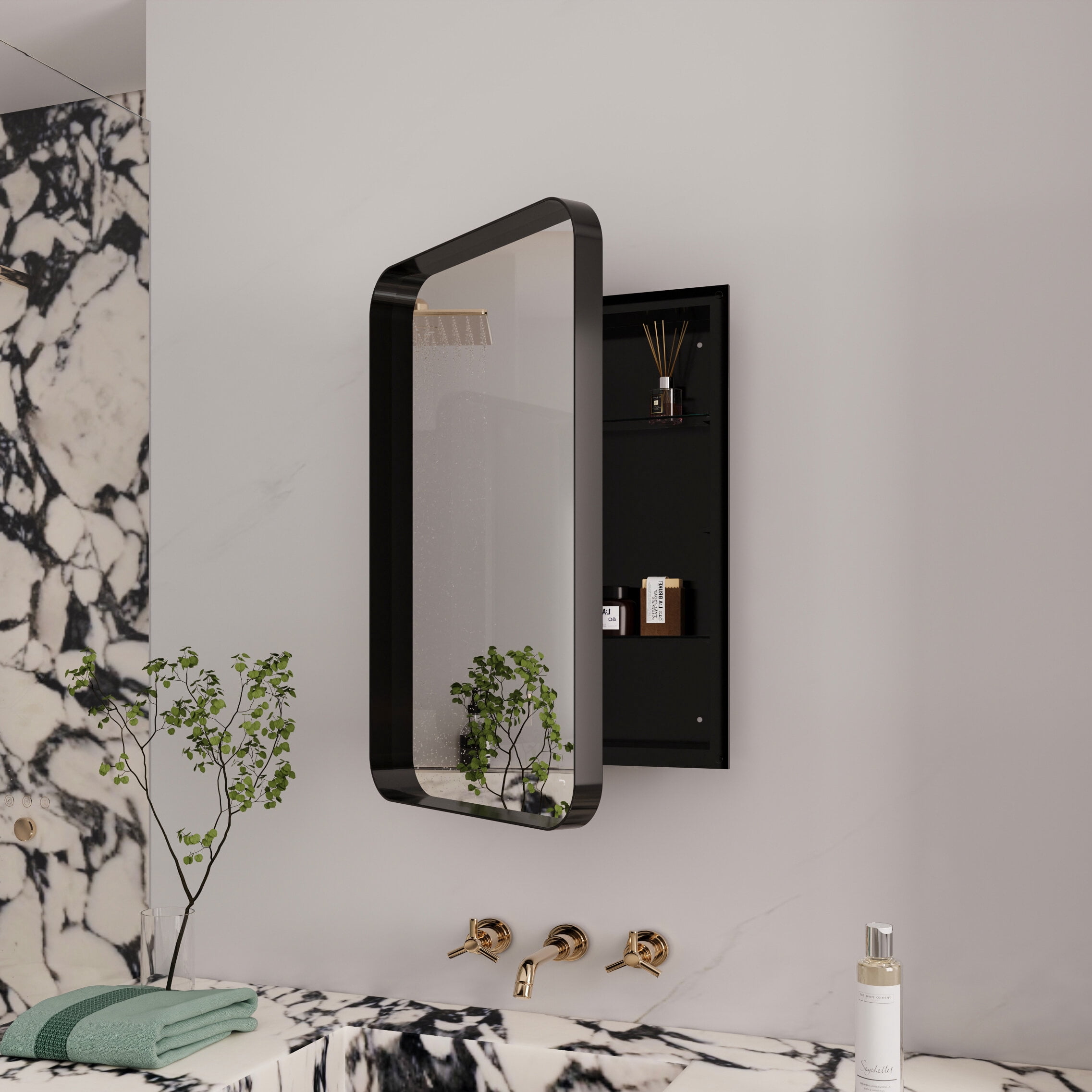 16x24 Inch Recessed Black Metal Medicine Cabinet with Mirror and ...