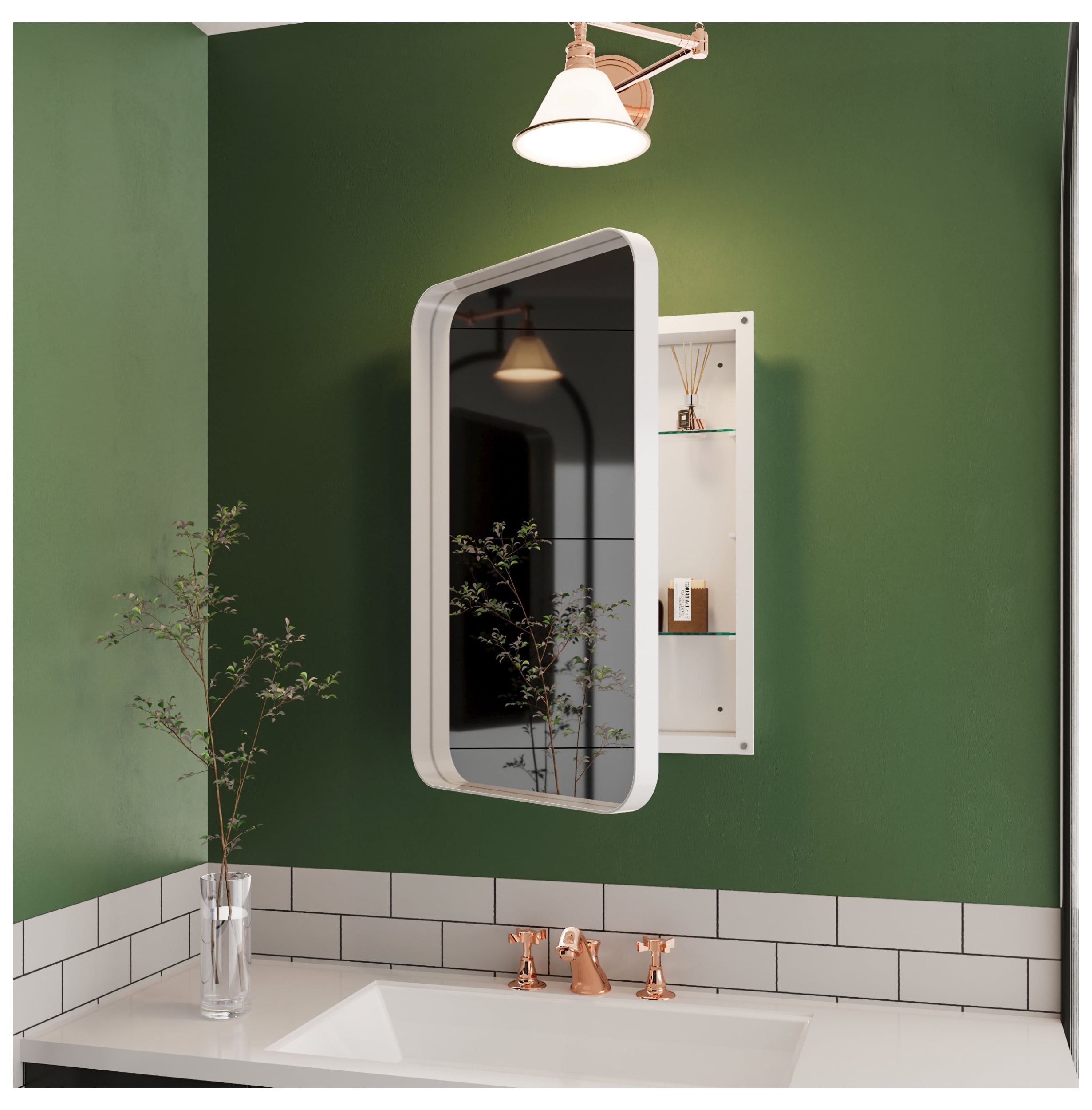 16x24 Inch Recessed White Metal Framed Medicine Cabinet with Mirror and ...