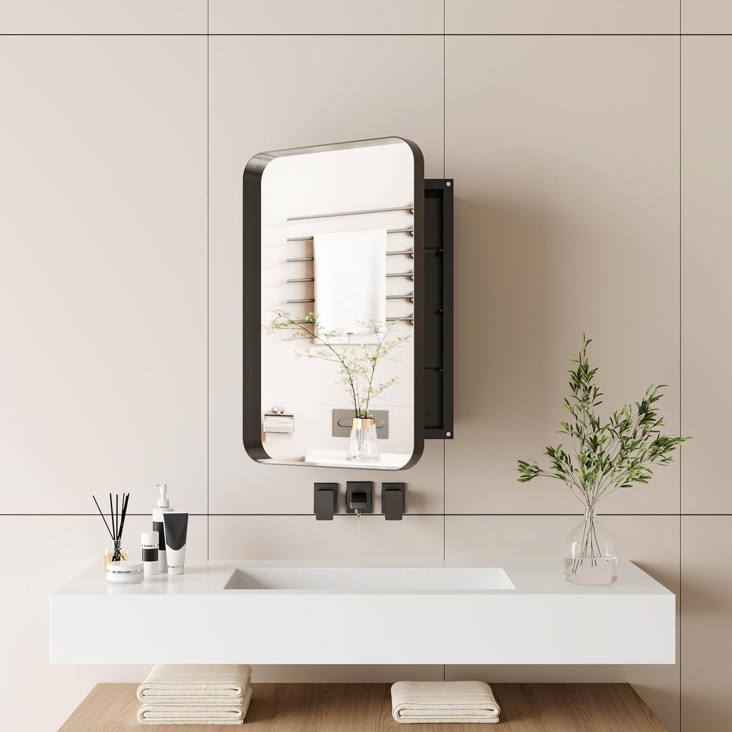 16x24 Inch Rectangle Recessed Black Metal Framed Medicine Cabinet ...