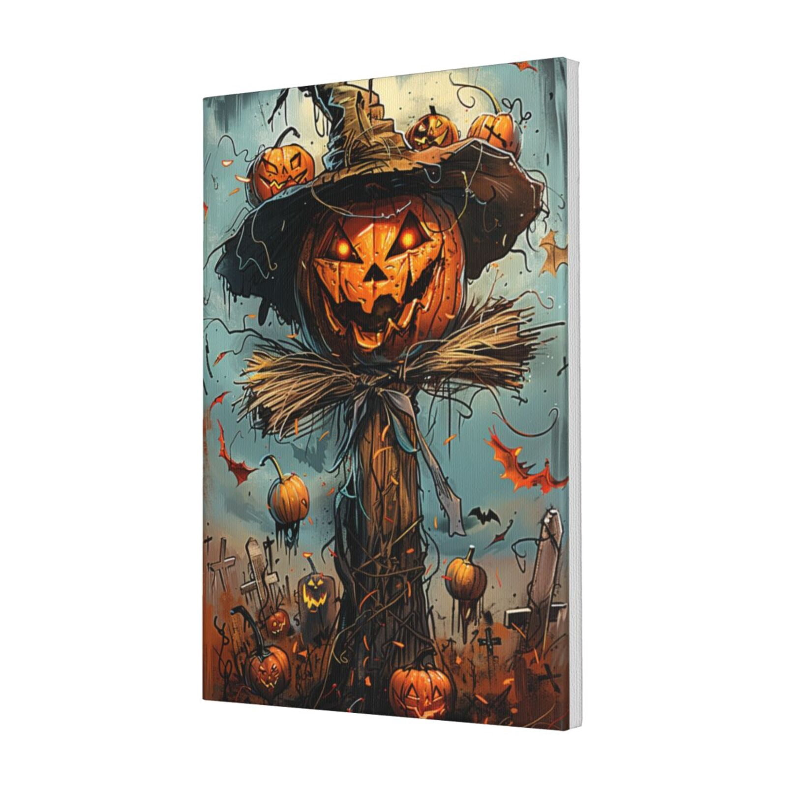 16x24 inch Canvas Painting Wall Art Pumpkin Scarecrow At Night,Yard ...