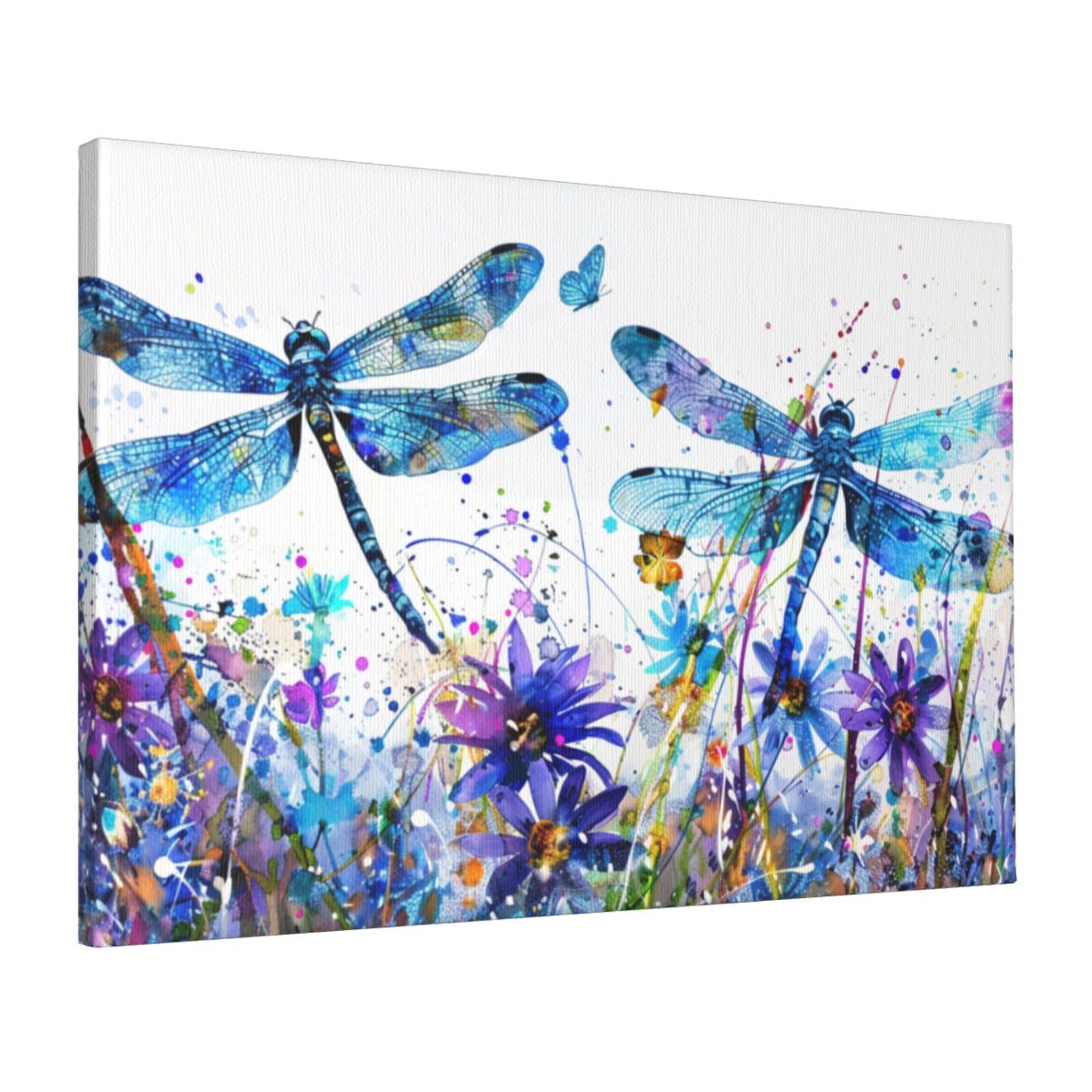 16x24 inch Yard Decor Colorful Dragonflies & Flowers Painting Canvas ...