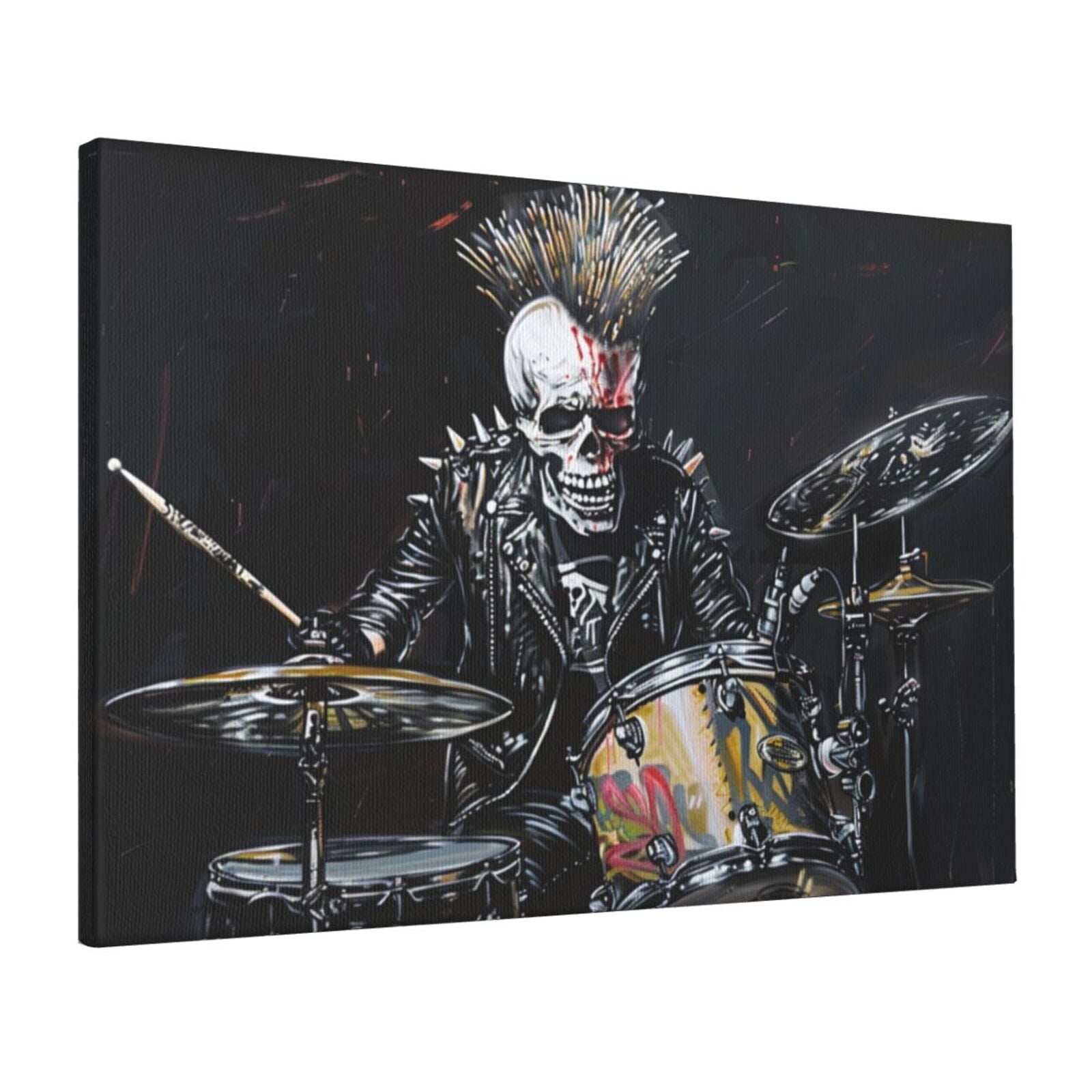16x24 inchFrameless Canvas Painting Skeleton Drummer Music Room Decor ...