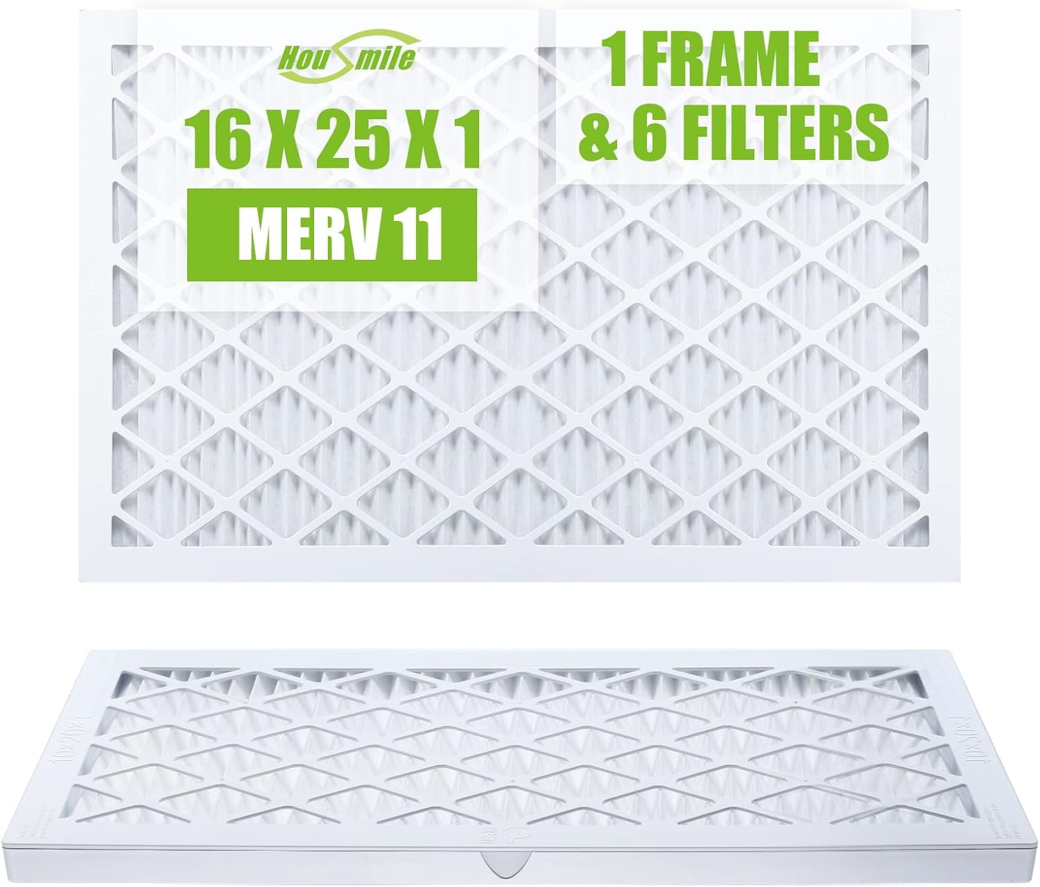 16x25x1 Air Filter, 1 Reusable Frame + 6 Filters, MERV 11, MPR 1000, ABS White Plastic Frame ...