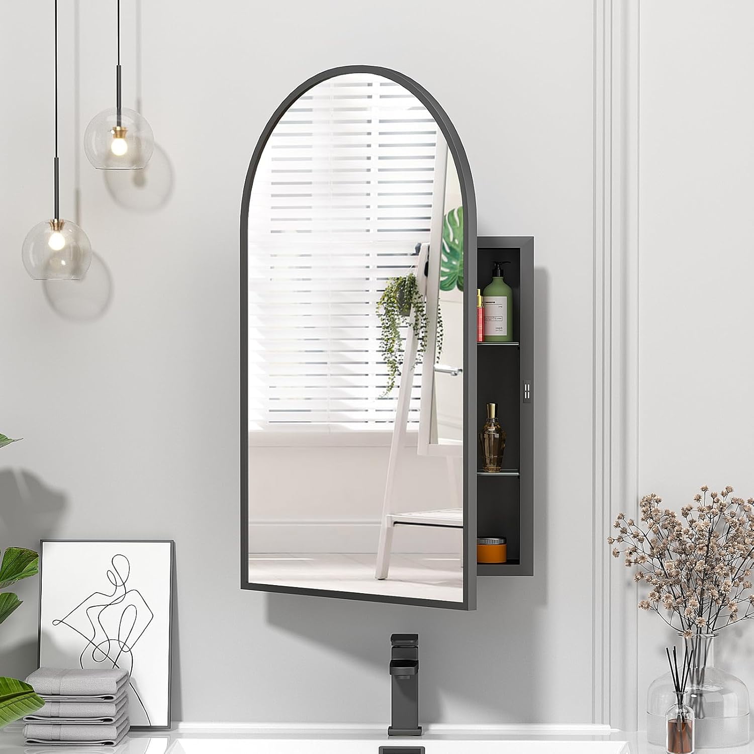 16x27 Recessed Medicine Cabinet with Mirror,Black Arched Medicine ...
