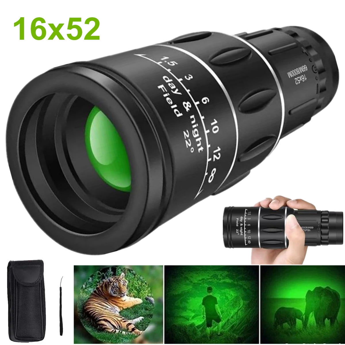 16x52 Zoom Monocular Telescope – Dual Focus, Rubber Armored for Outdoor ...