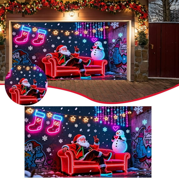 16x7ft Christmas Garage Door Cover Banner - Christmas Neon Garage ...