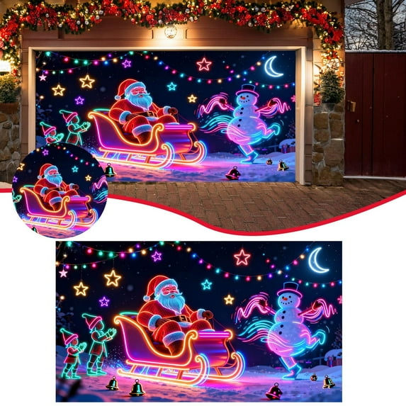 16x7ft Christmas Garage Door Cover Banner - Christmas Neon Garage ...