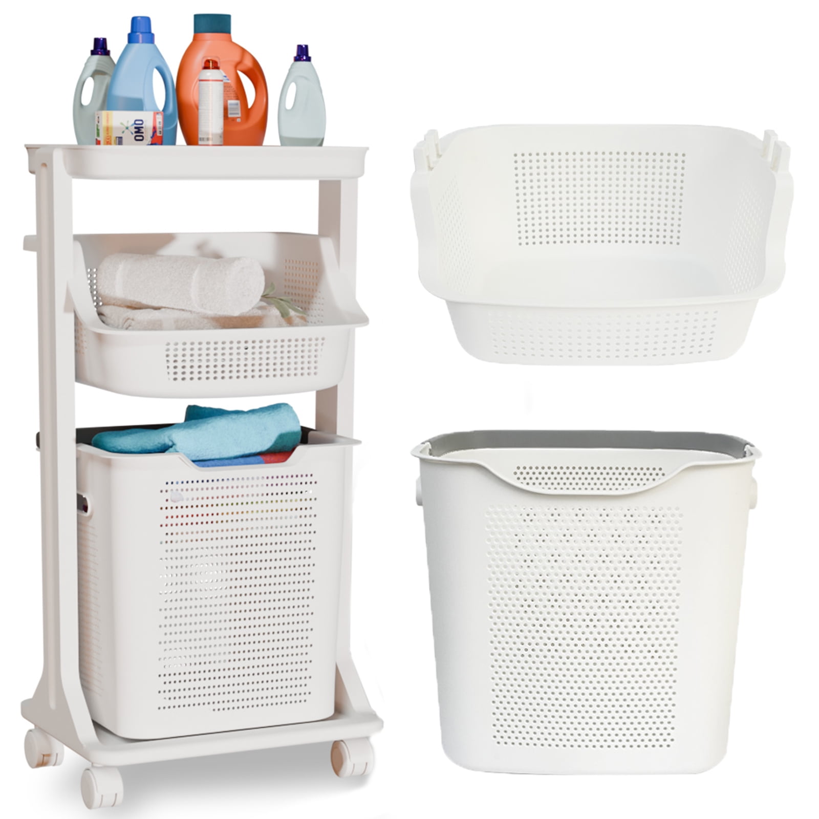 17"×13"×32" Laundry Basket with Wheels, Laundry Hamper Plastic 2-Tier ...
