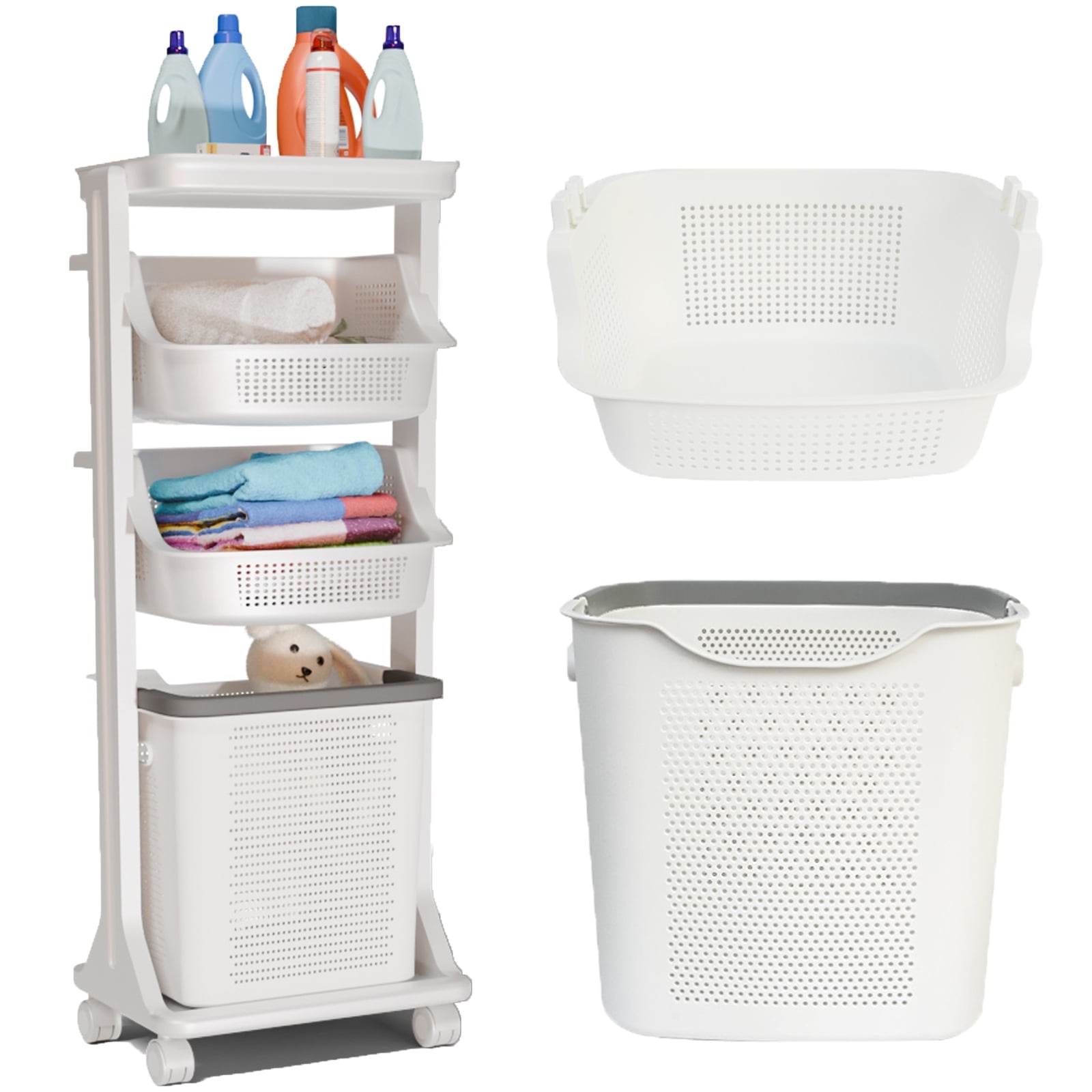 17"×13"×41" Laundry Basket with Wheels, Laundry Hamper Plastic 3-Tier ...