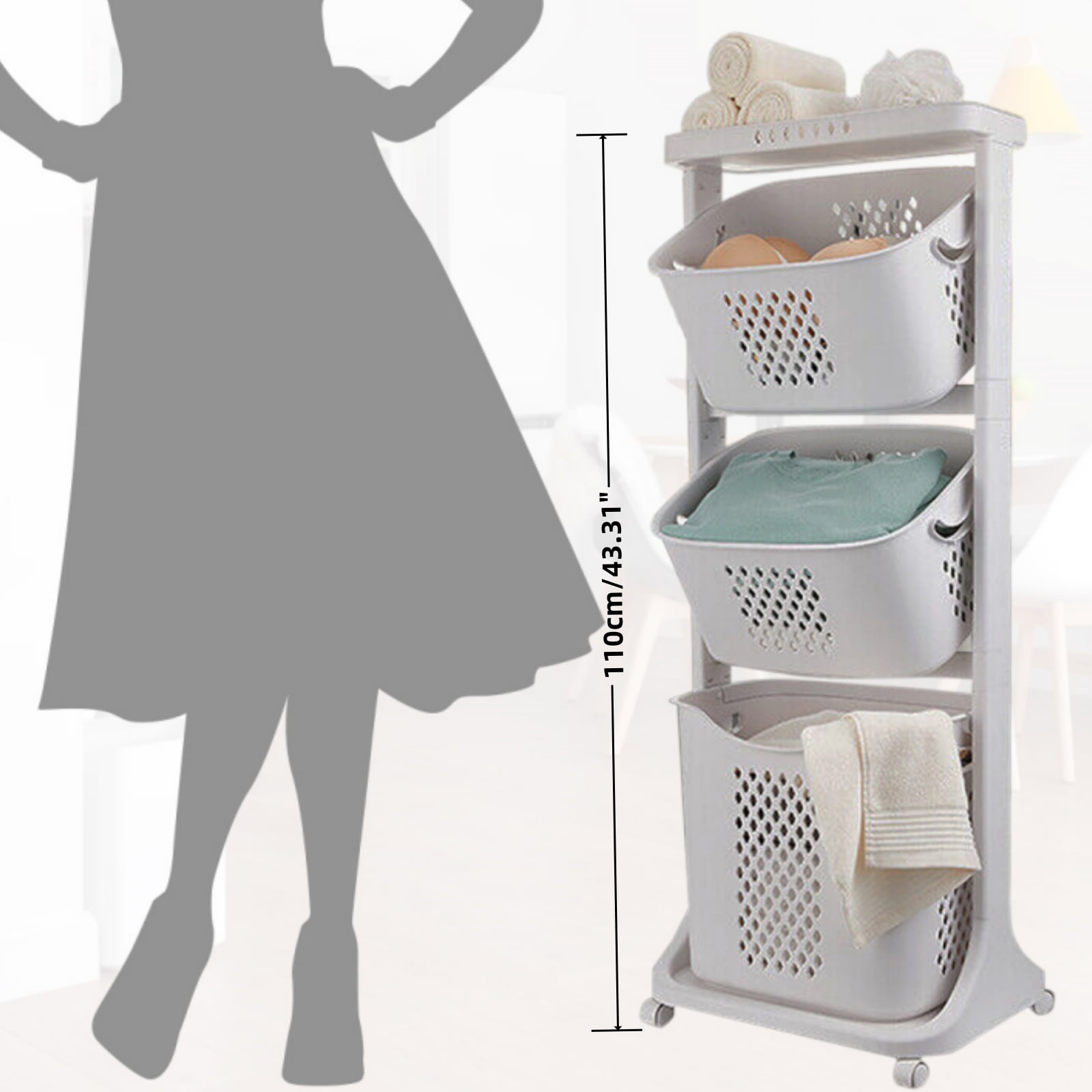 17"×13"×43" 3-Tier Laundry Hamper Basket Sorter with Wheels Small ...